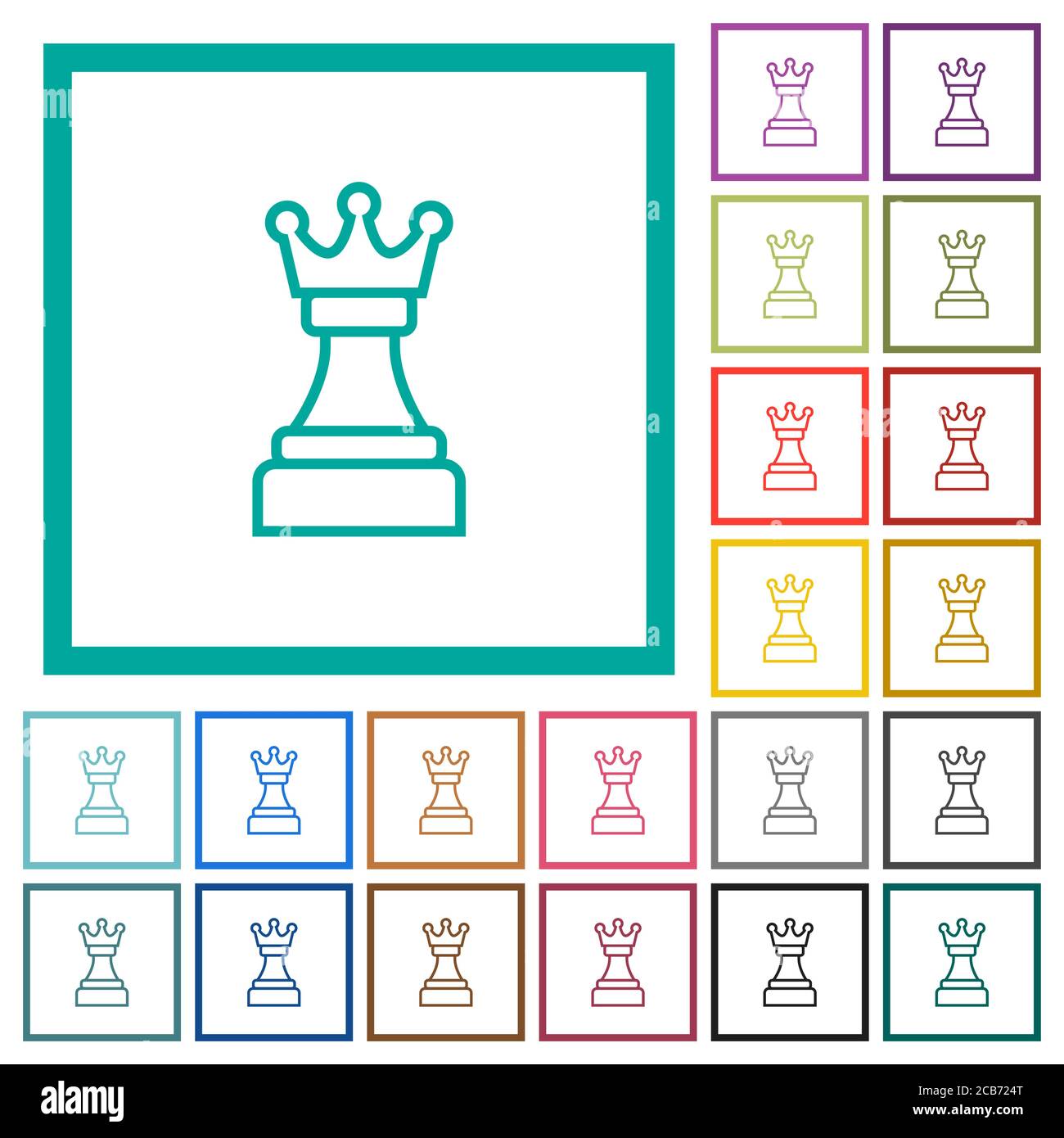 White chess queen flat color icons with quadrant frames on white ...