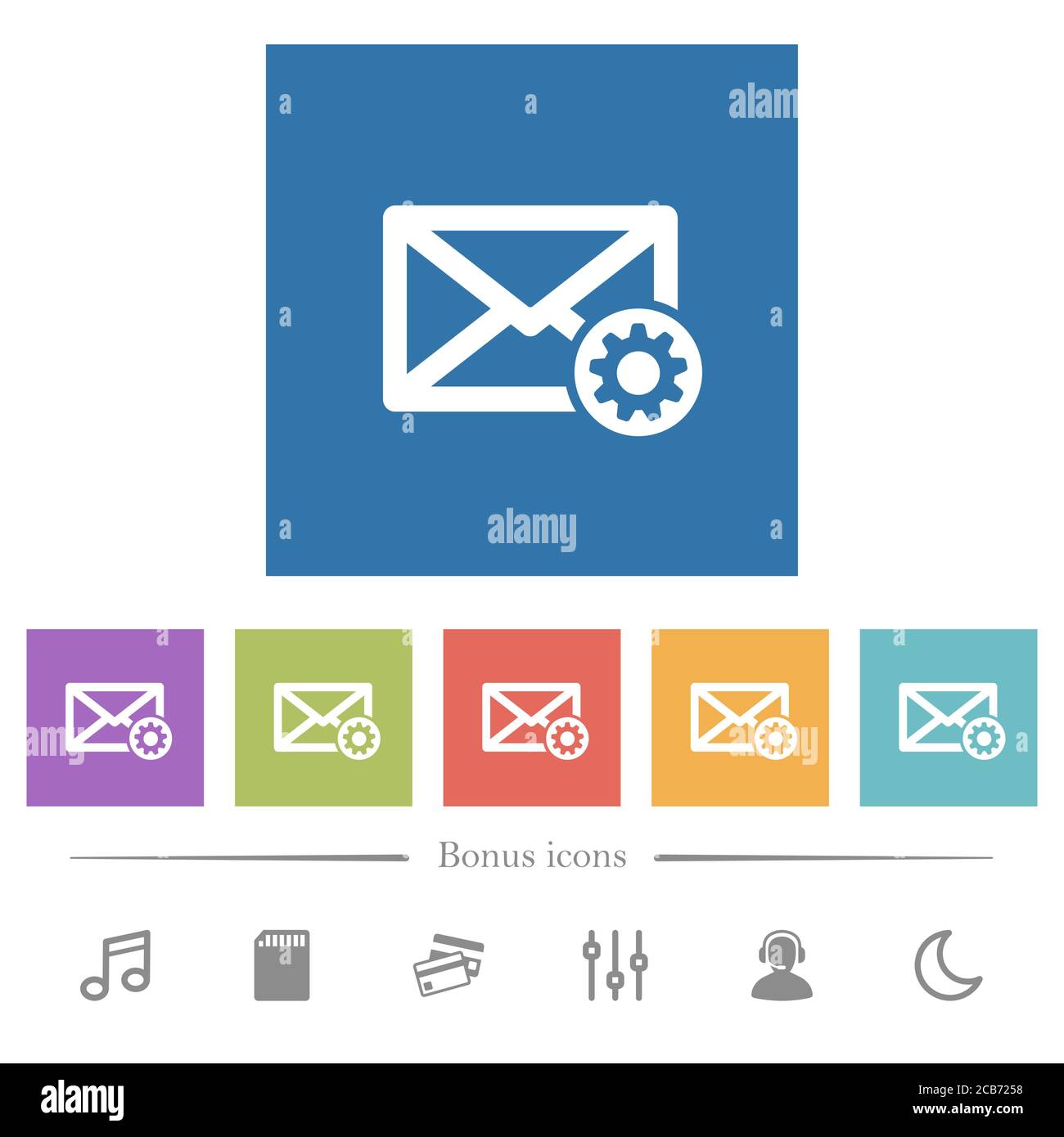 Mail settings flat white icons in square backgrounds. 6 bonus icons ...