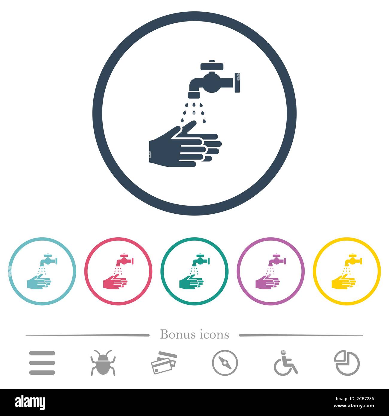 Hand washing flat color icons in round outlines. 6 bonus icons included ...