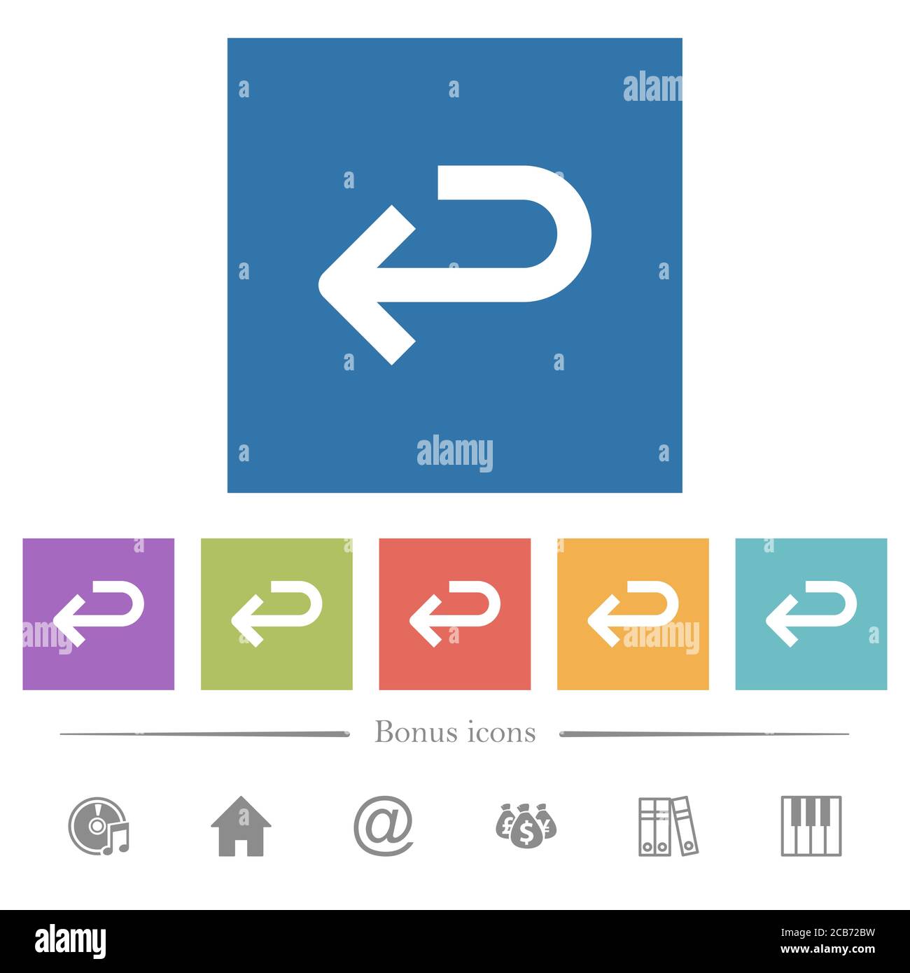 Back arrow flat white icons in square backgrounds. 6 bonus icons ...