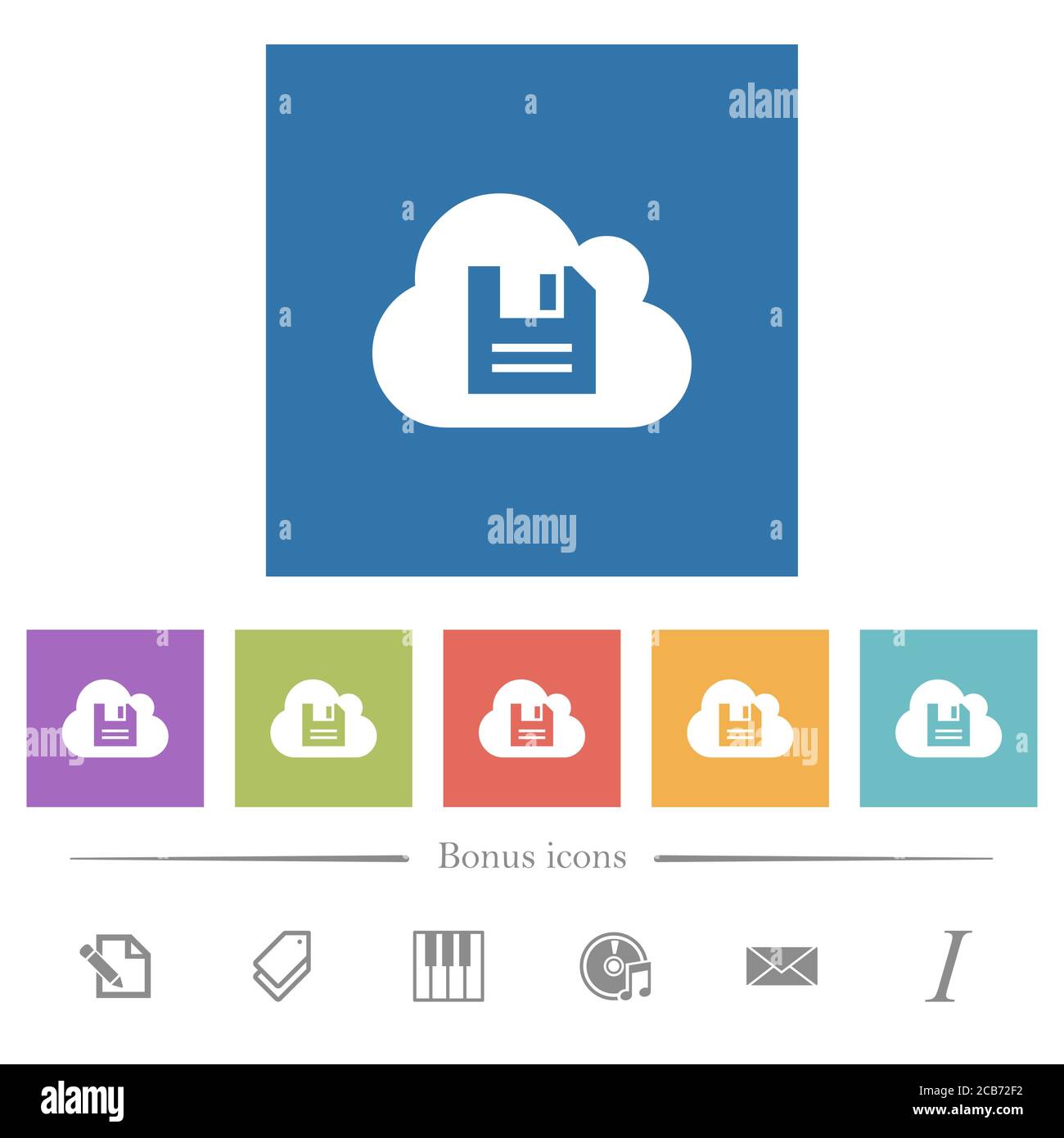 Cloud storage flat white icons in square backgrounds. 6 bonus icons ...