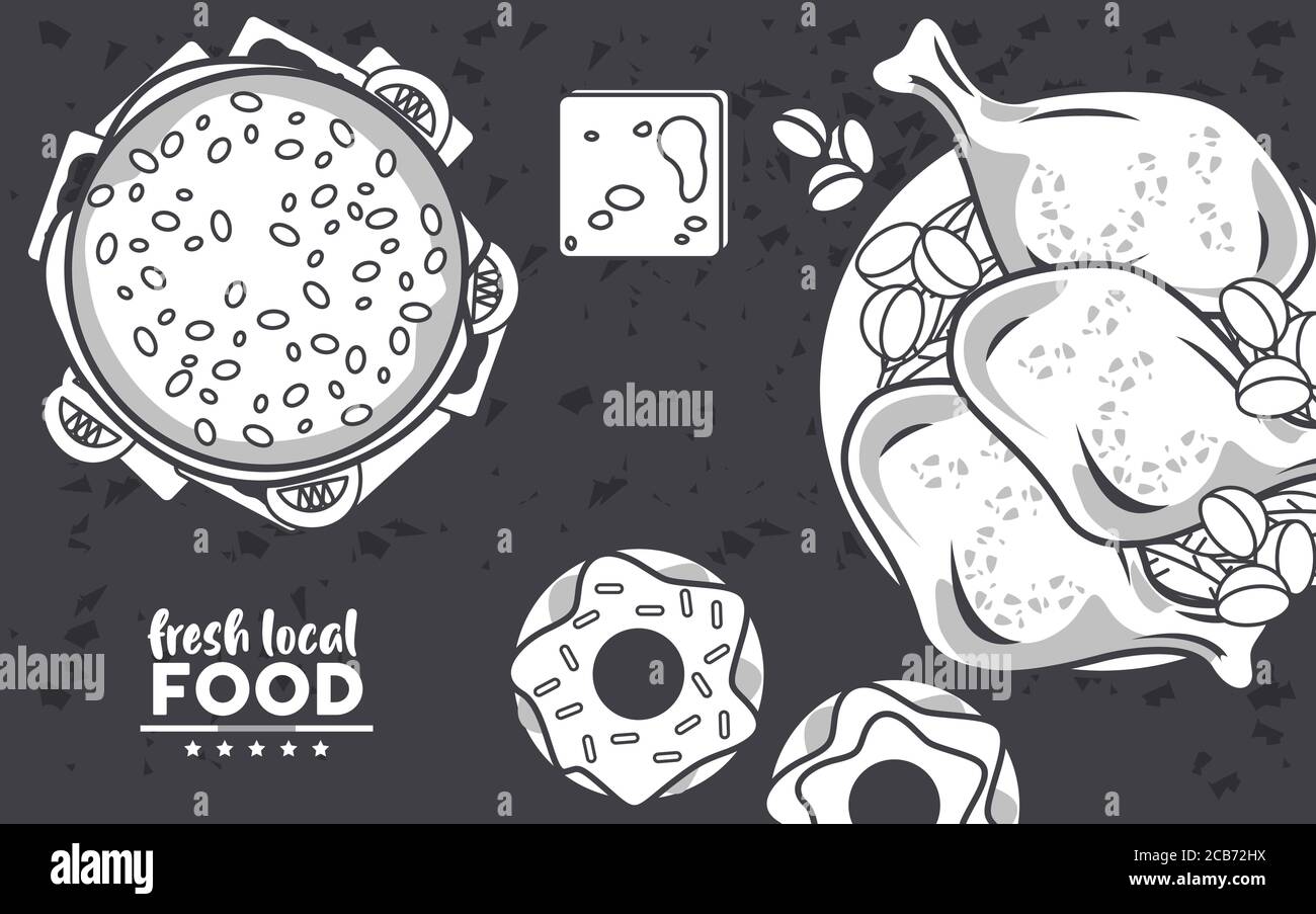 fresh local food lettering drawing in color black background vector ...