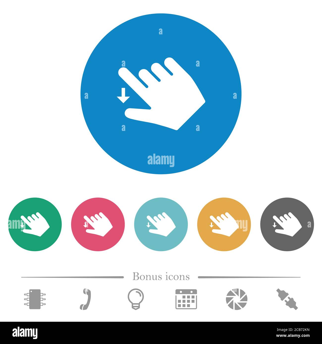 Right handed move down gesture flat white icons on round color ...