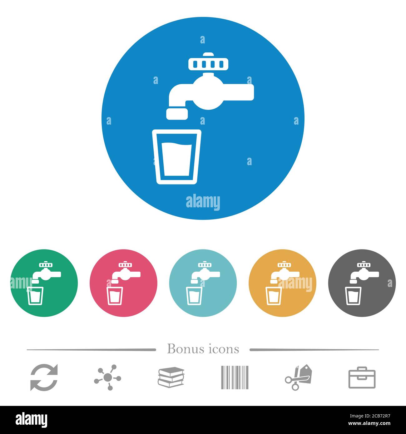 Drinking water flat white icons on round color backgrounds. 6 bonus ...