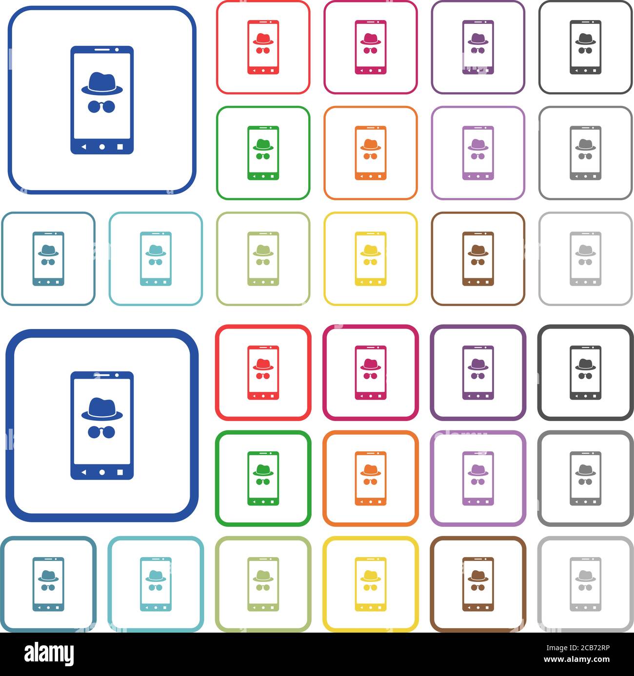 Mobile incognito color flat icons in rounded square frames. Thin and thick versions included ...