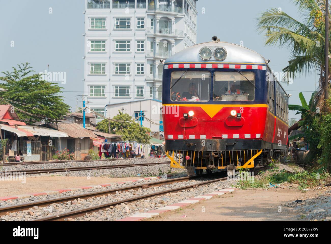 Train arrives at Battambang Railway station in Battambang, Cambodia ...
