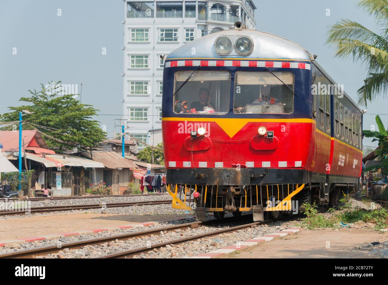 Train arrives at Battambang Railway station in Battambang, Cambodia ...