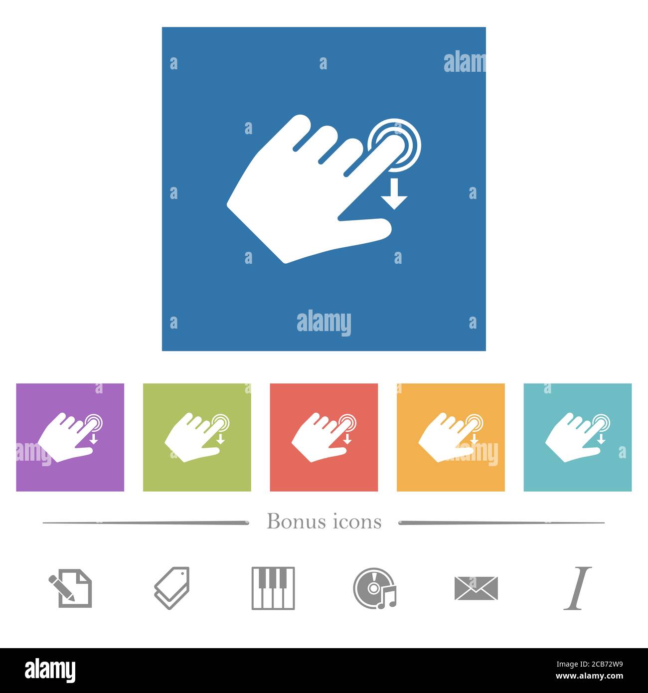 Left handed slide down gesture flat white icons in square backgrounds ...