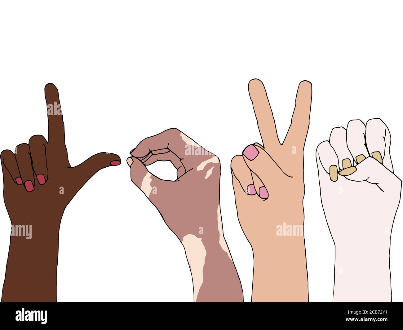 Illustration of different skin people raising their hands for equality ...