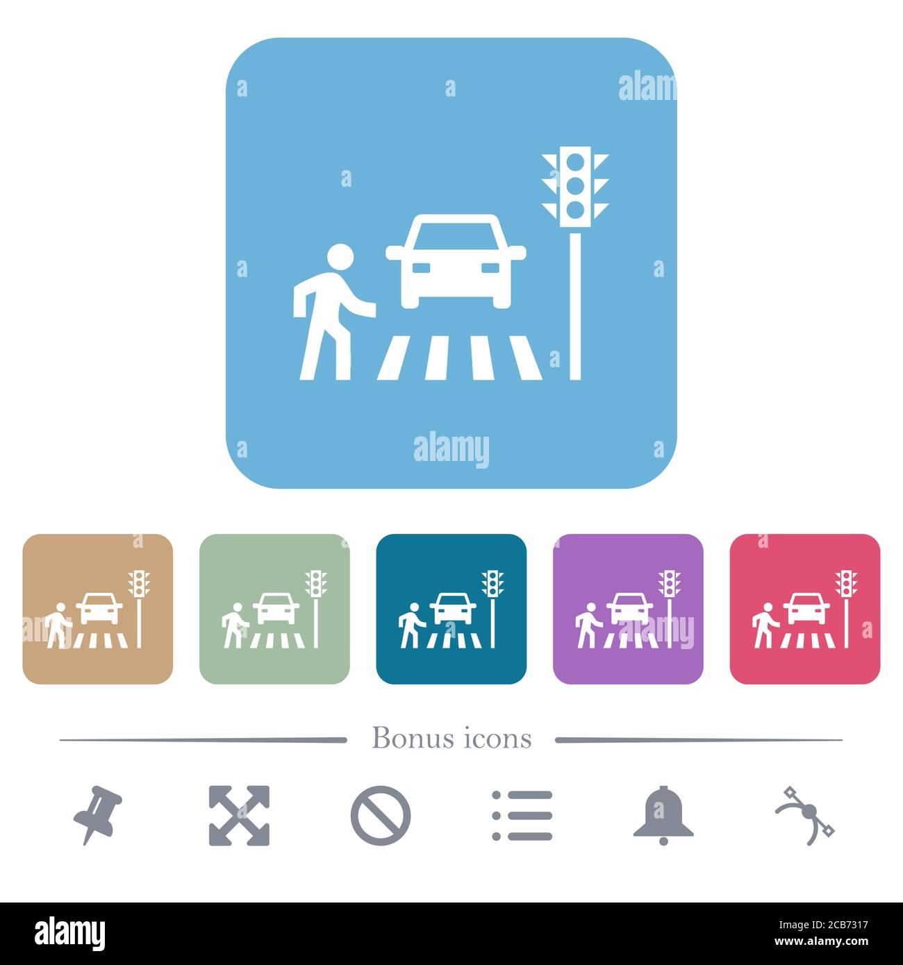 Pedestrian crossing white flat icons on color rounded square backgrounds. 6 bonus icons included ...