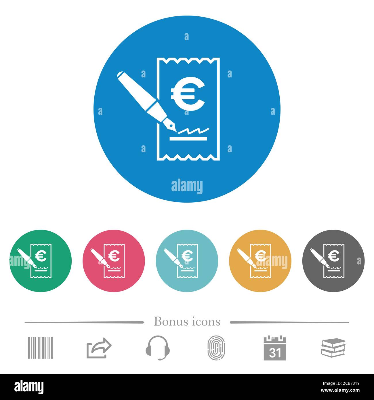Signing Euro cheque flat white icons on round color backgrounds. 6 ...