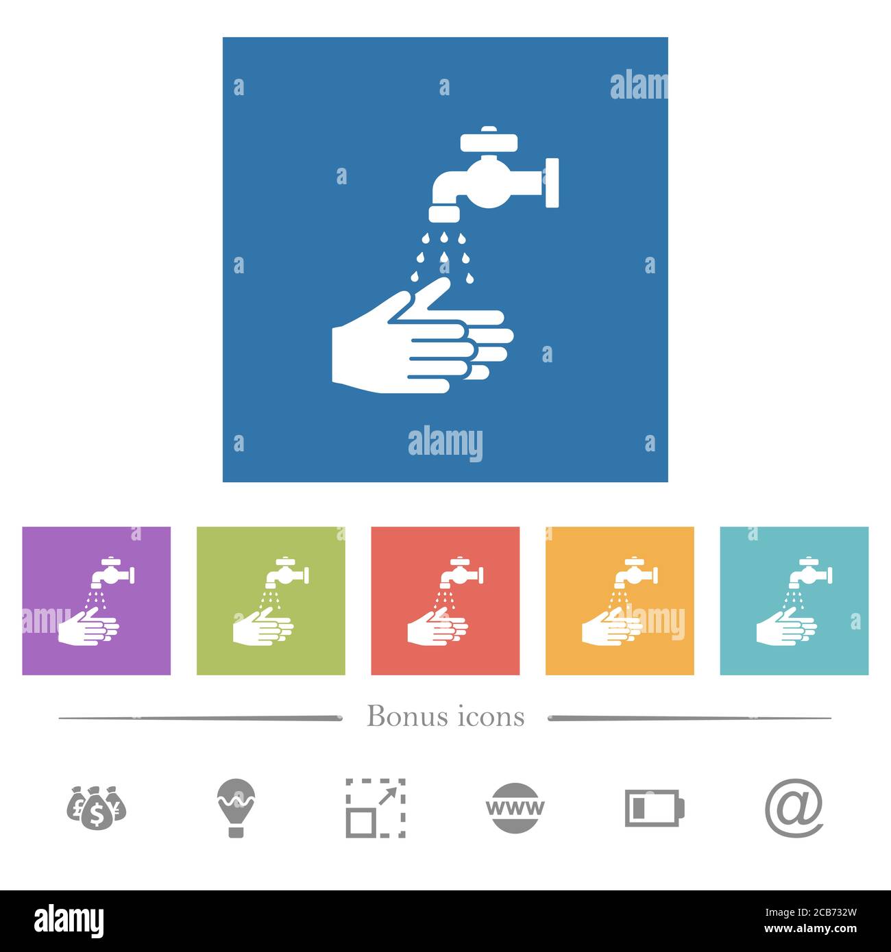 Hand washing flat white icons in square backgrounds. 6 bonus icons ...