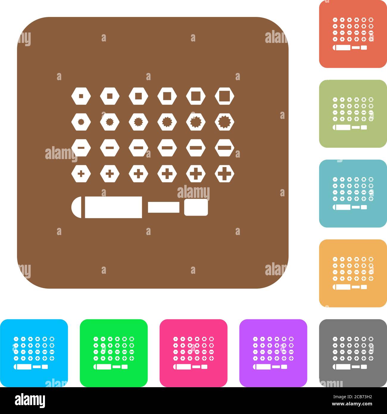 Set of screwdriver bits flat icons on rounded square vivid color ...