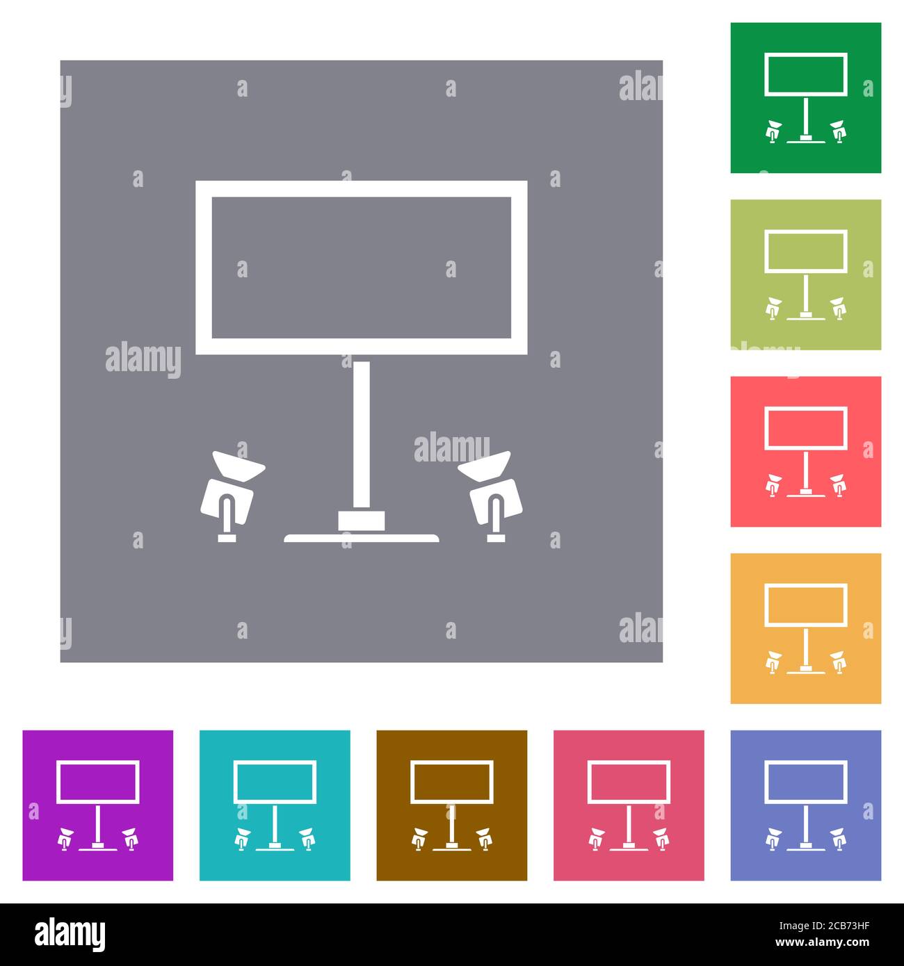 Billboard with reflectors flat icons on simple color square backgrounds ...