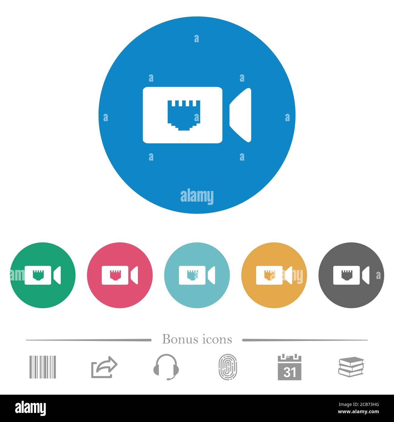 IP camera flat white icons on round color backgrounds. 6 bonus icons ...