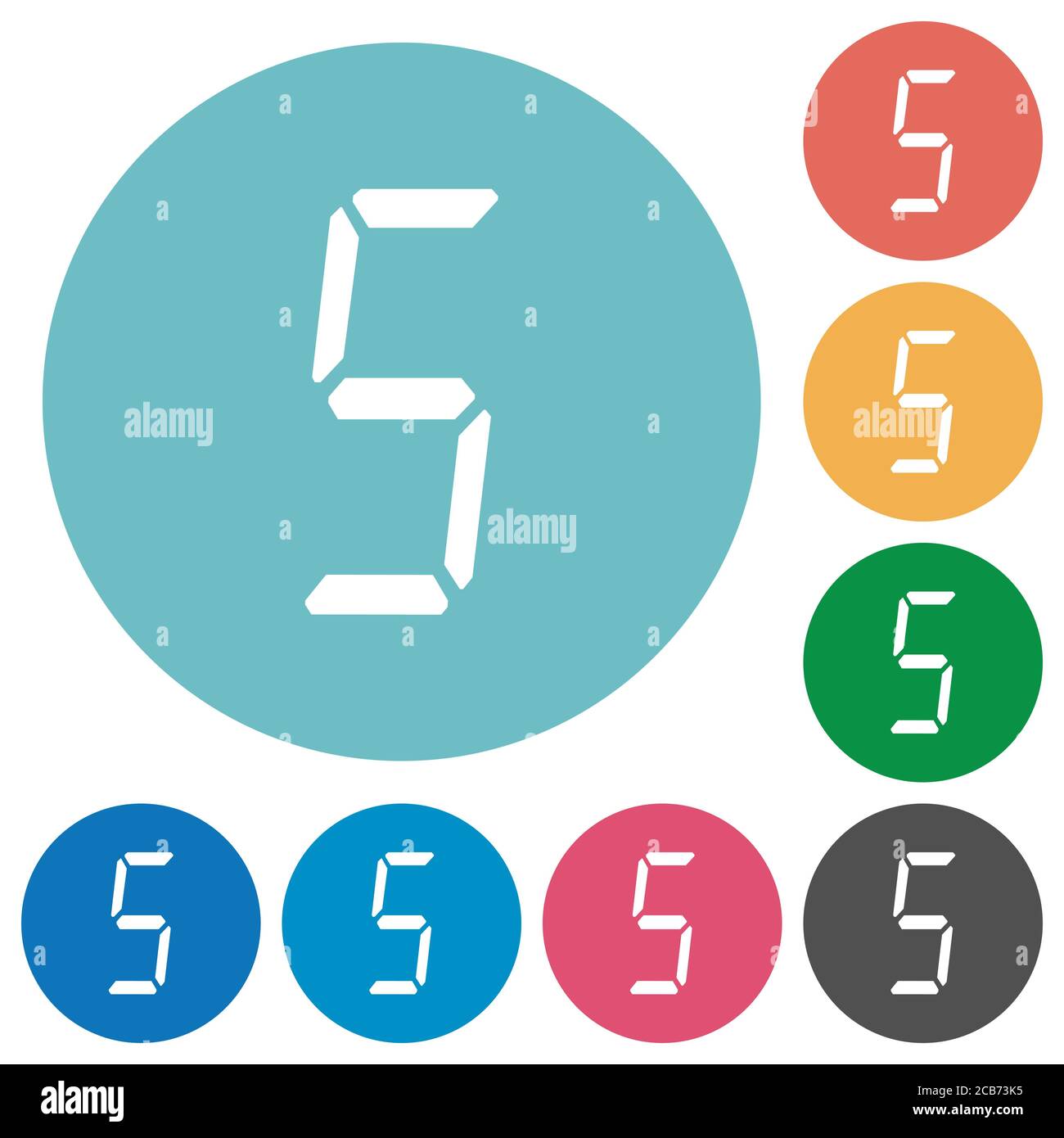 digital number five of seven segment type flat white icons on round ...