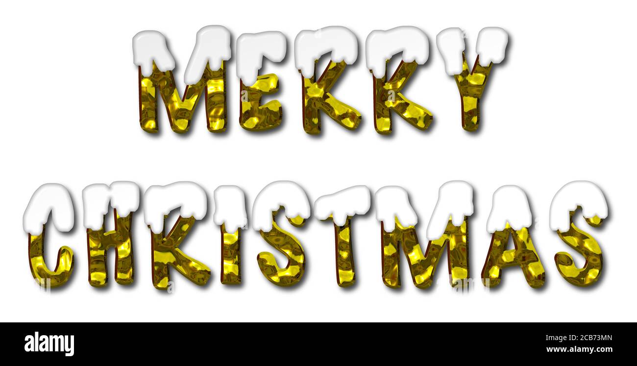 Merry Christmas 3D illustration message in gold letters covered in snow ...
