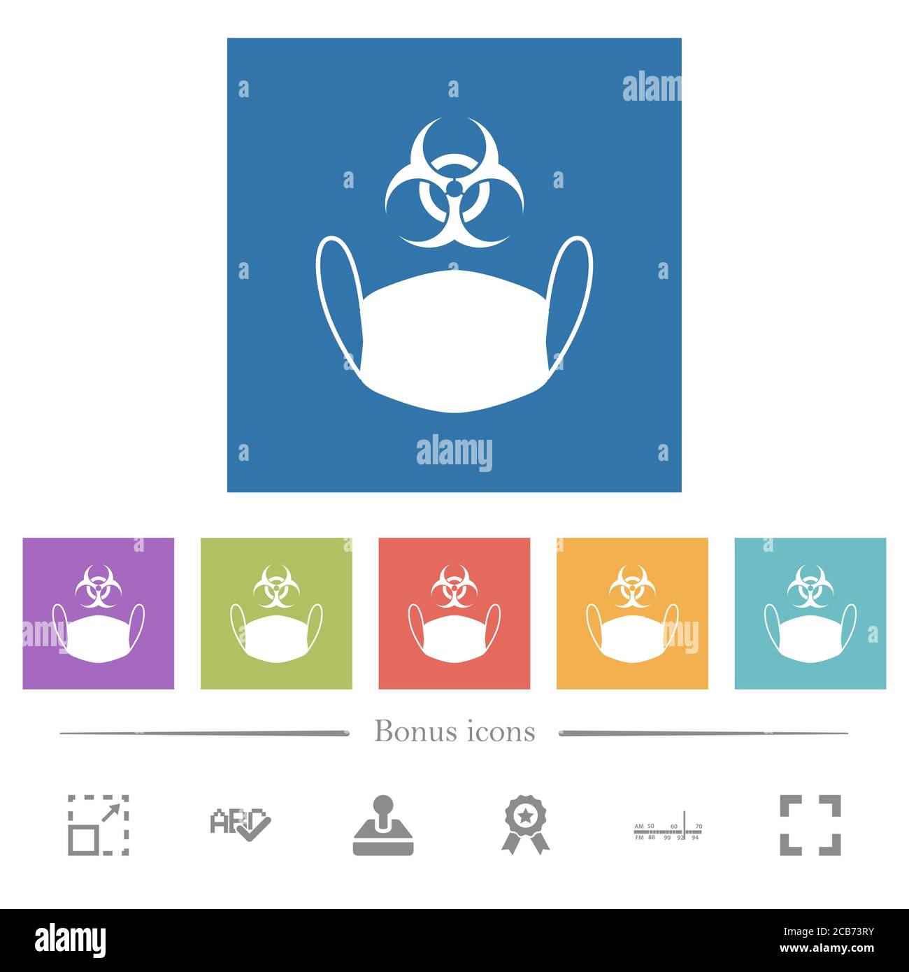 Face mask and biohazard symbol flat white icons in square backgrounds ...