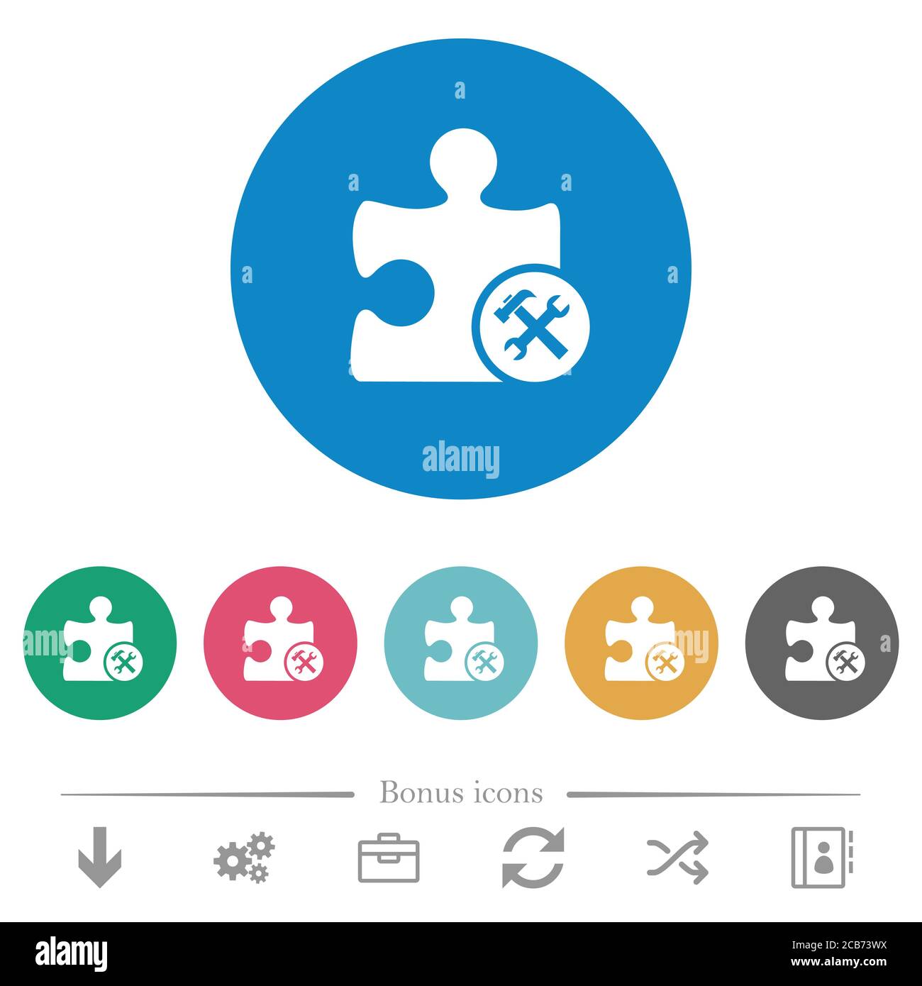 Plugin tools flat white icons on round color backgrounds. 6 bonus icons ...
