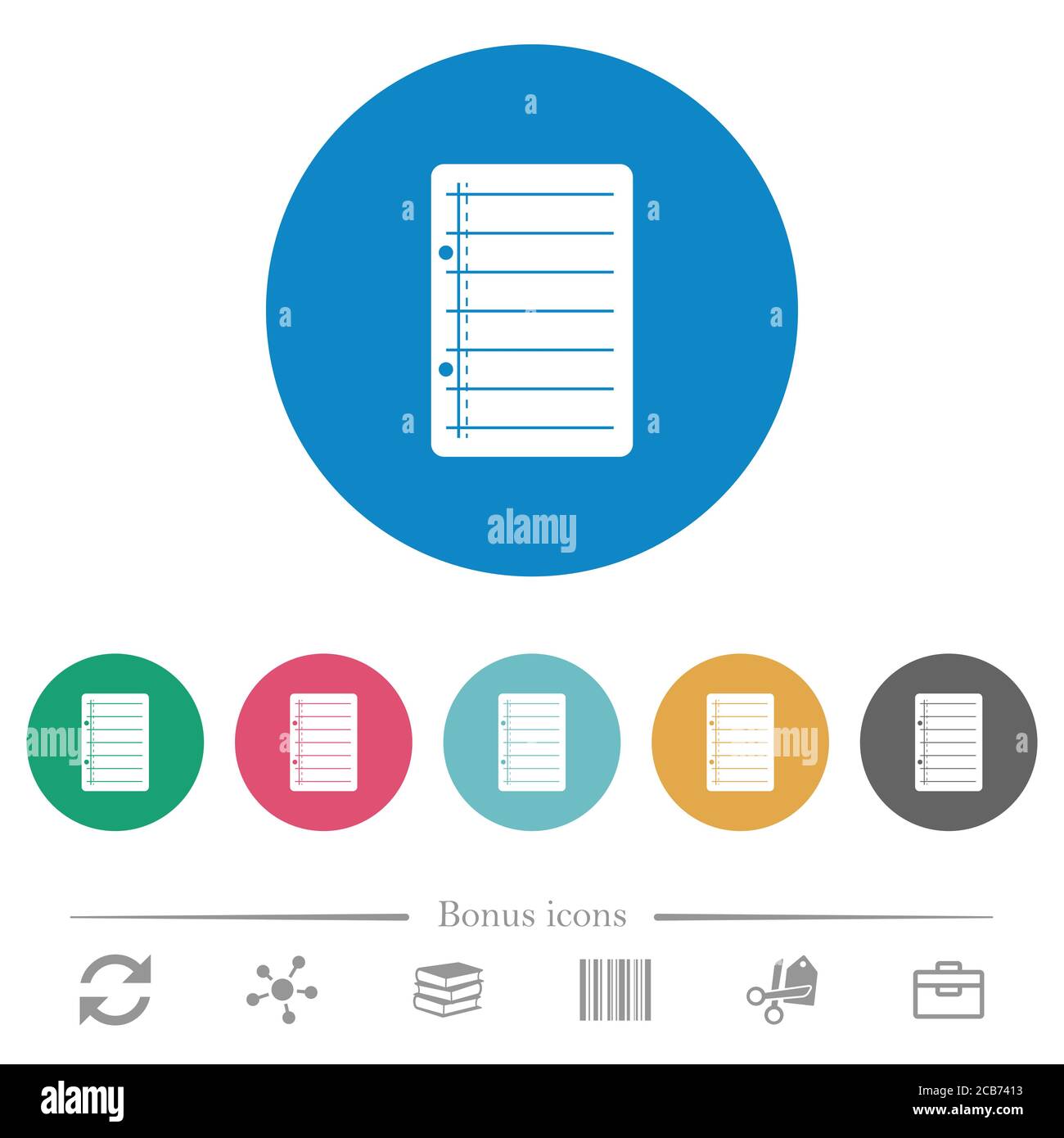 Scratch pad flat white icons on round color backgrounds. 6 bonus icons ...