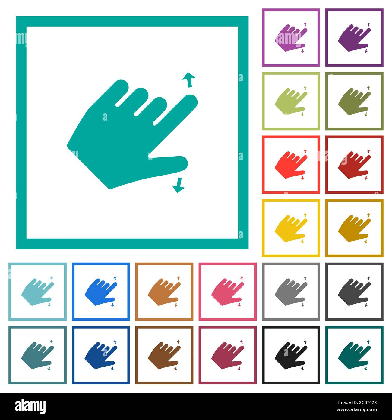 Left handed pinch open gesture flat color icons with quadrant frames on ...