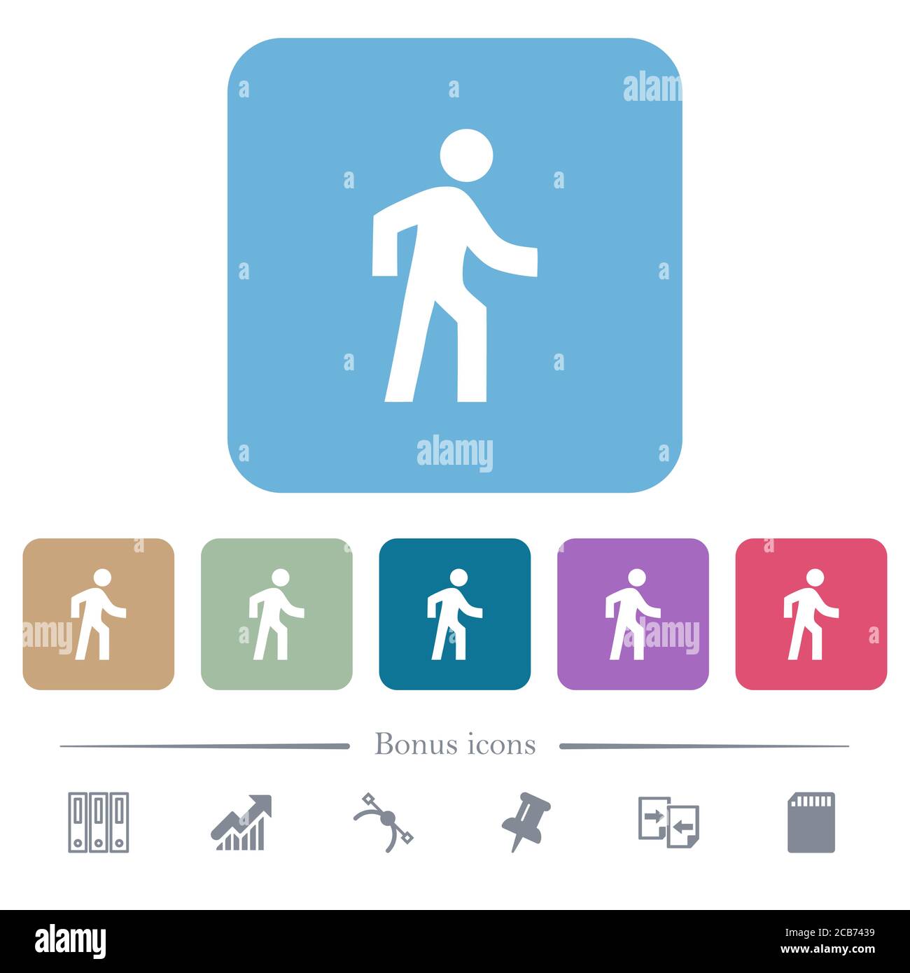 Man walking right white flat icons on color rounded square backgrounds ...