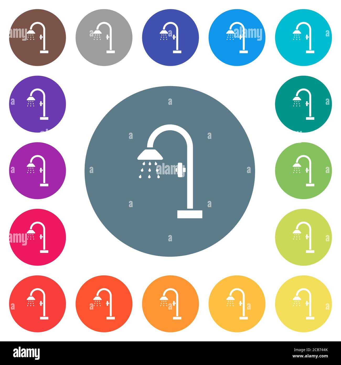 Shower flat white icons on round color backgrounds. 17 background color ...