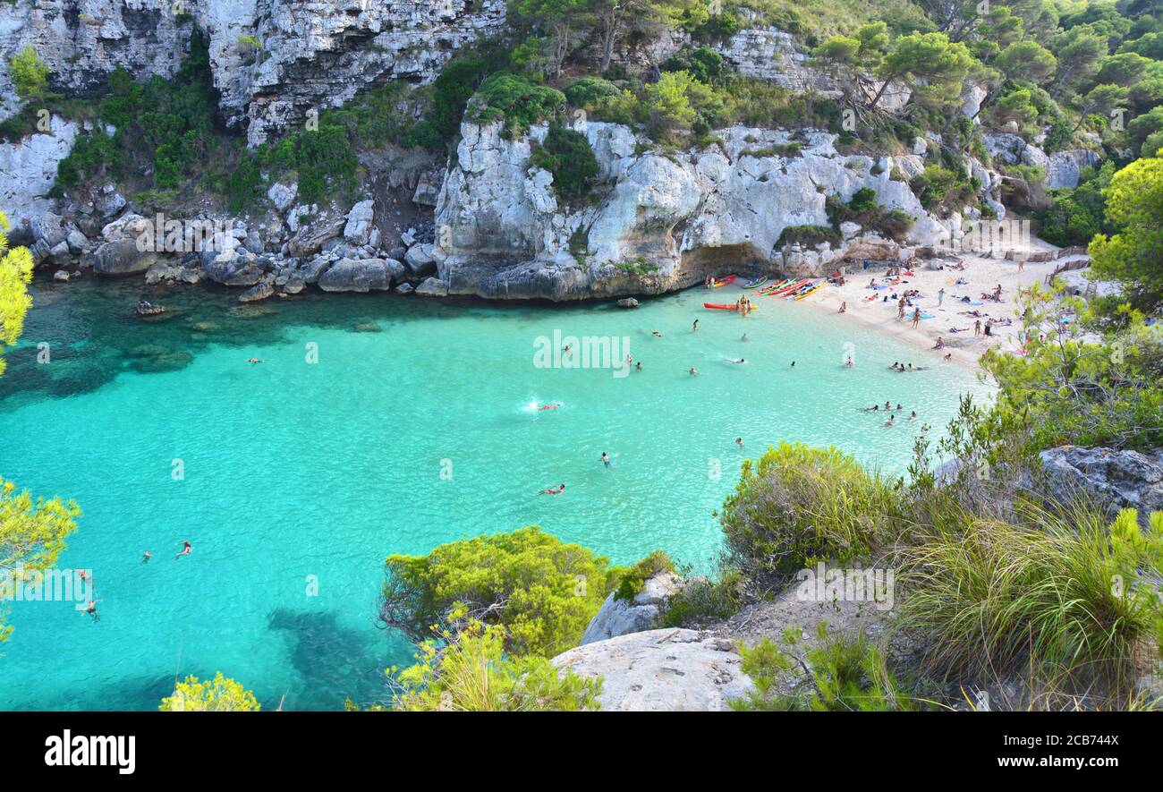 Beautiful beach with turquoise water in bay Cala Macarelleta on Menorca ...