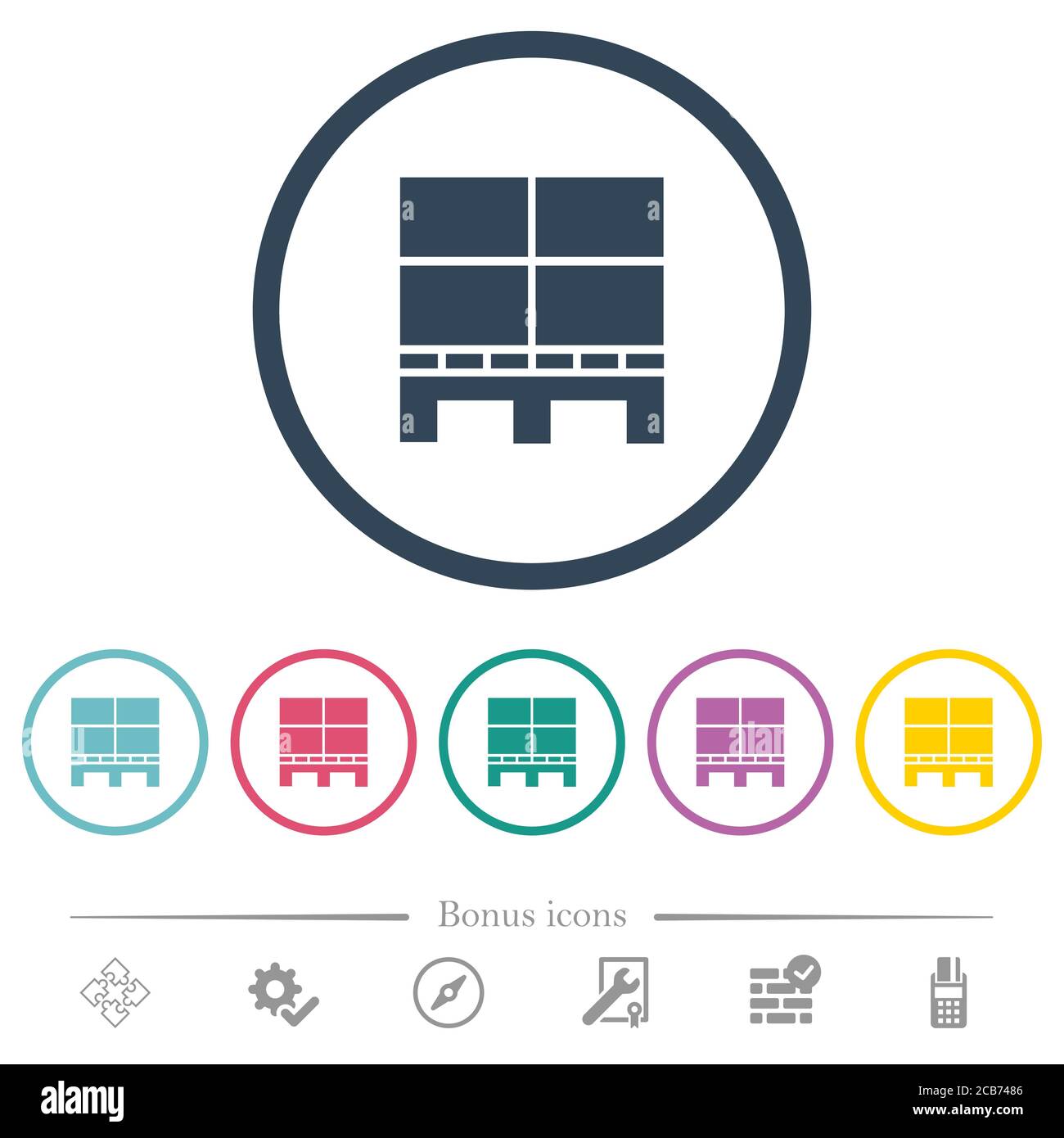 Pallet with boxes flat color icons in round outlines. 6 bonus icons ...