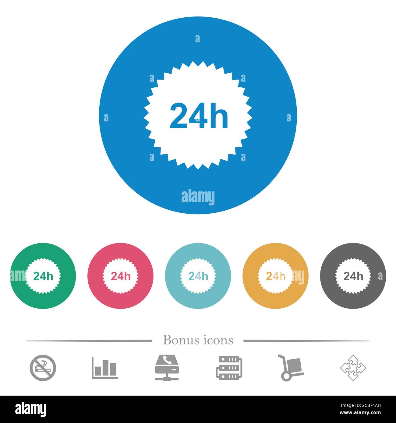 24h sticker flat white icons on round color backgrounds. 6 bonus icons ...