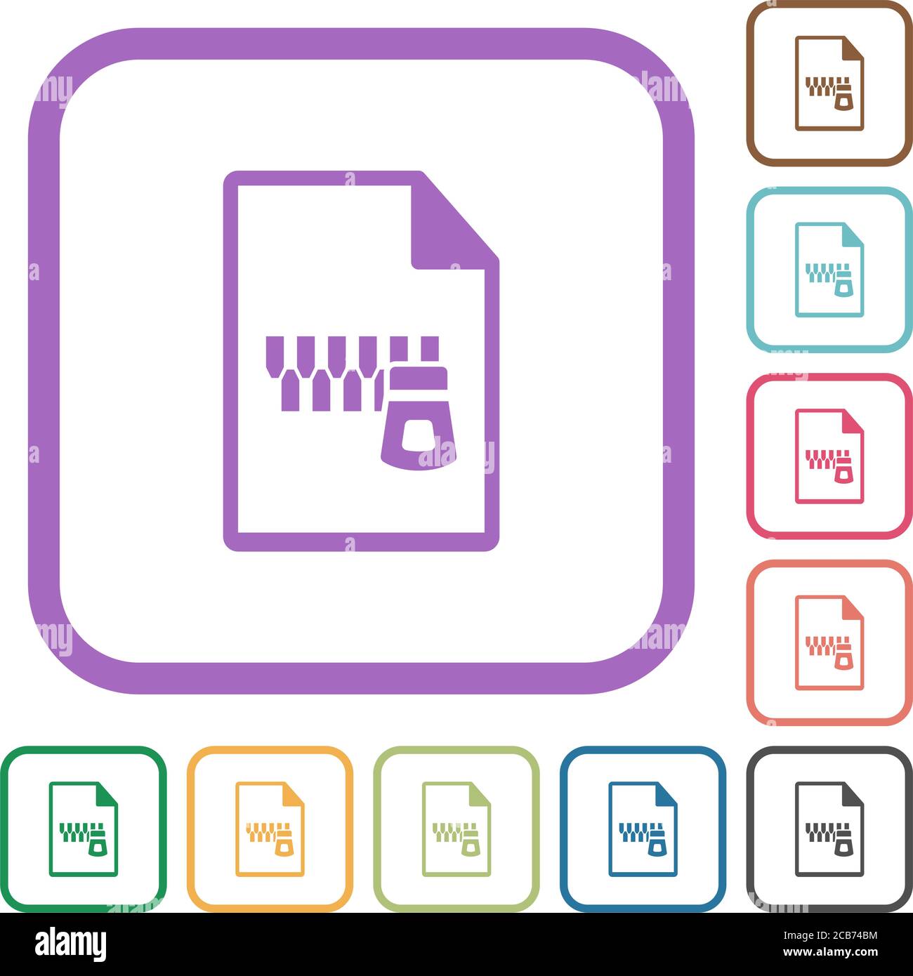 Zipped document simple icons in color rounded square frames on white ...