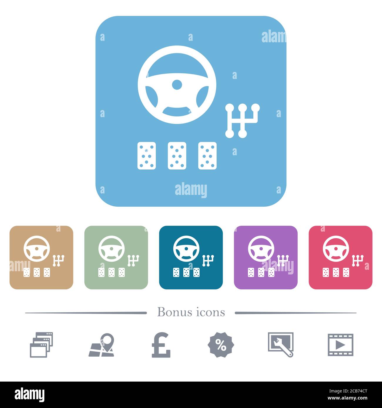 Car controls white flat icons on color rounded square backgrounds. 6 ...