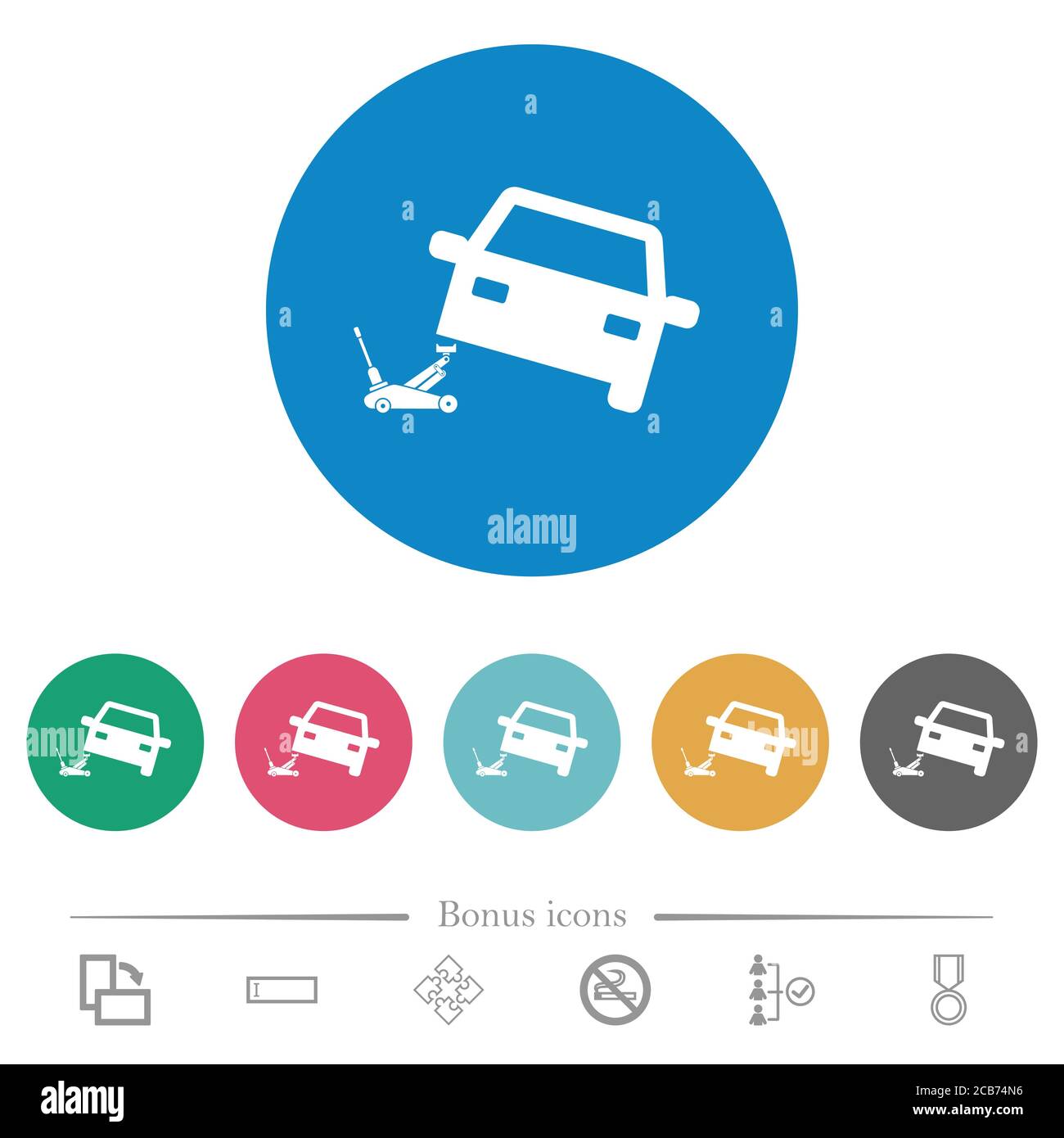 Car repair flat white icons on round color backgrounds. 6 bonus icons ...