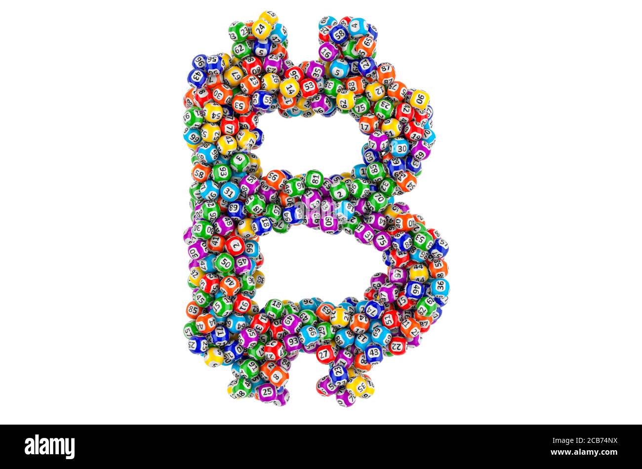 Bitcoin sign from colored lottery balls. 3D rendering isolated on white ...