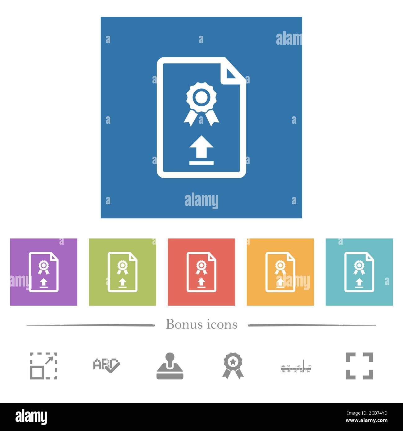 Upload certificate flat white icons in square backgrounds. 6 bonus ...