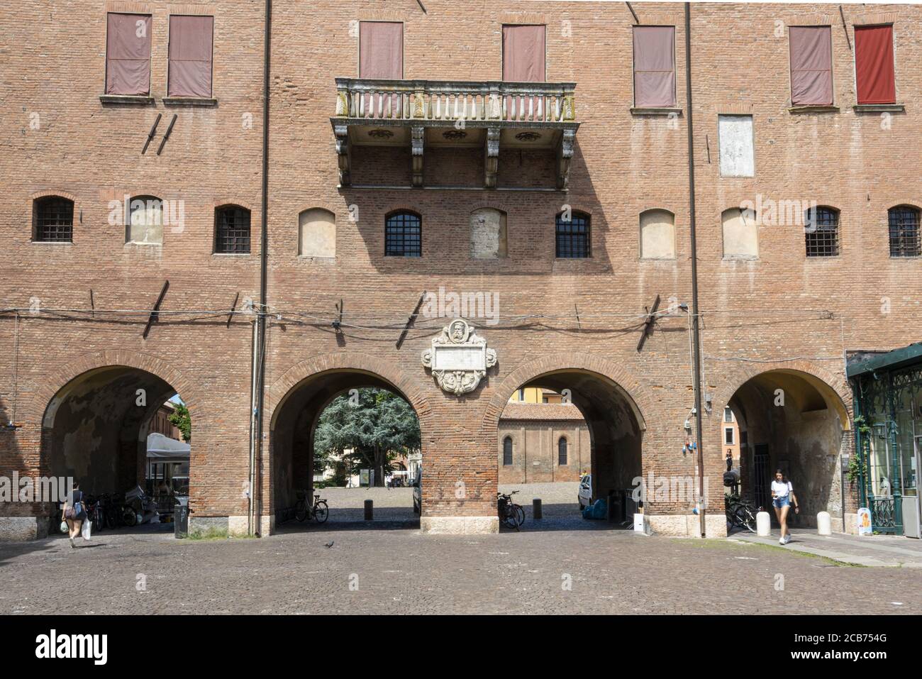 Ferrara, Italy. August 6, 2020. view of the arcades of a historic ...