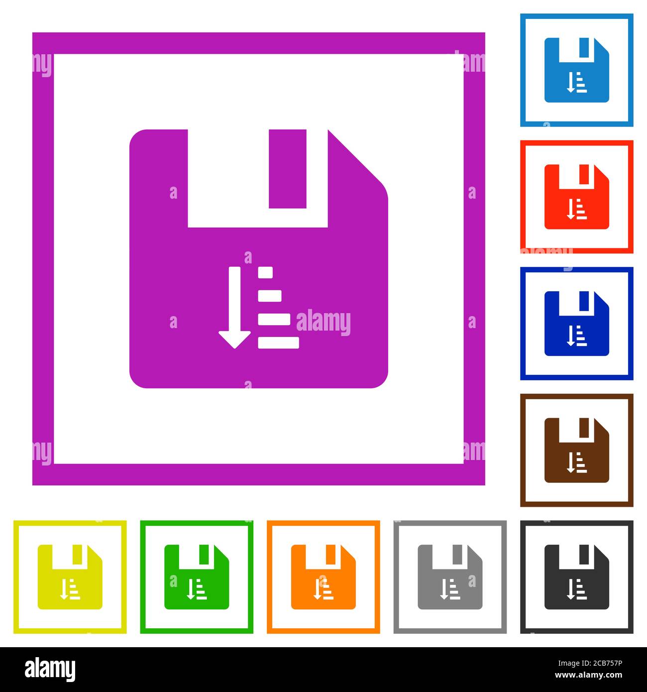 Ascending file sort flat color icons in square frames on white ...