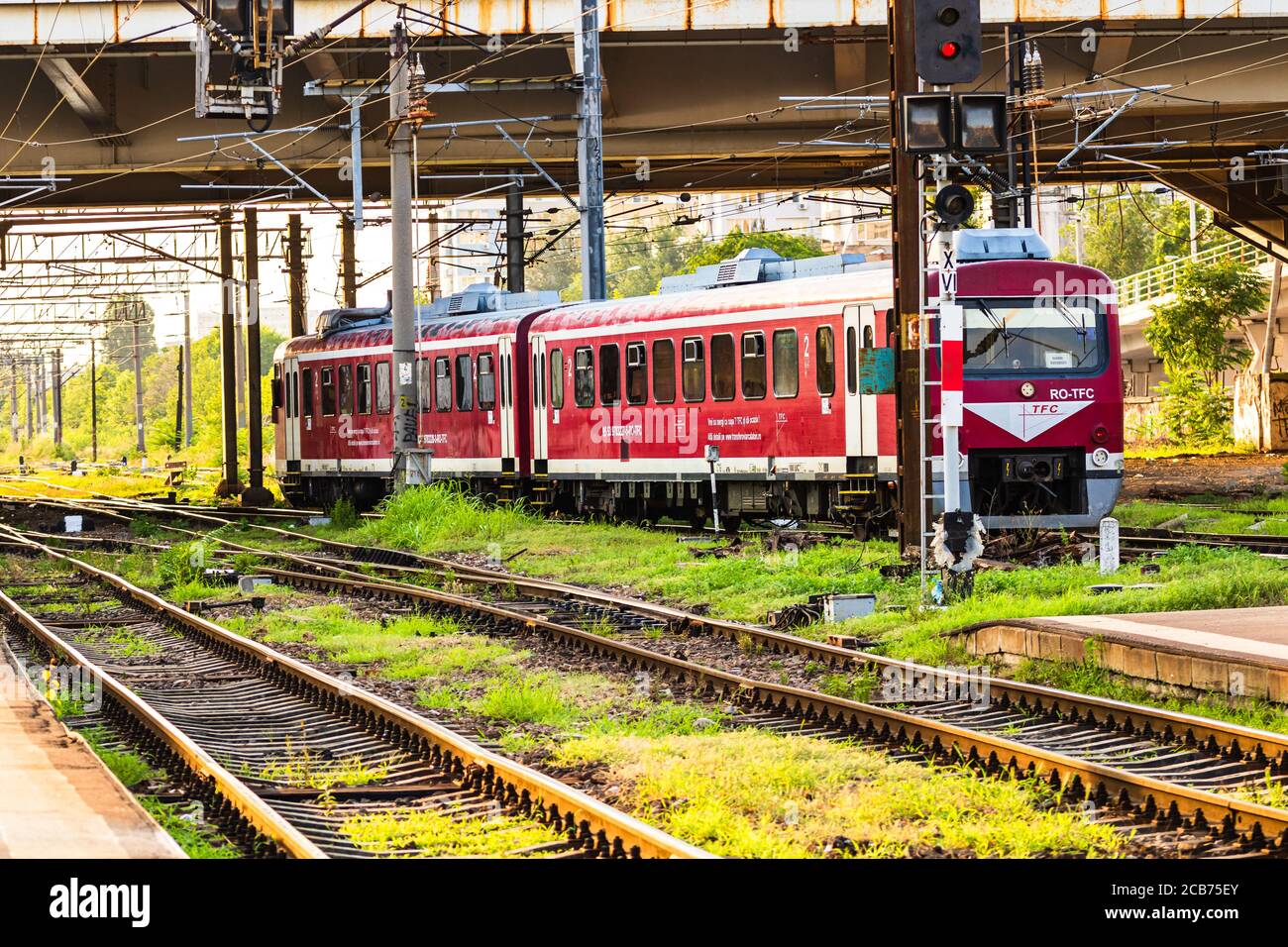 Detail of train in motion at train platform at Bucharest North Railway ...