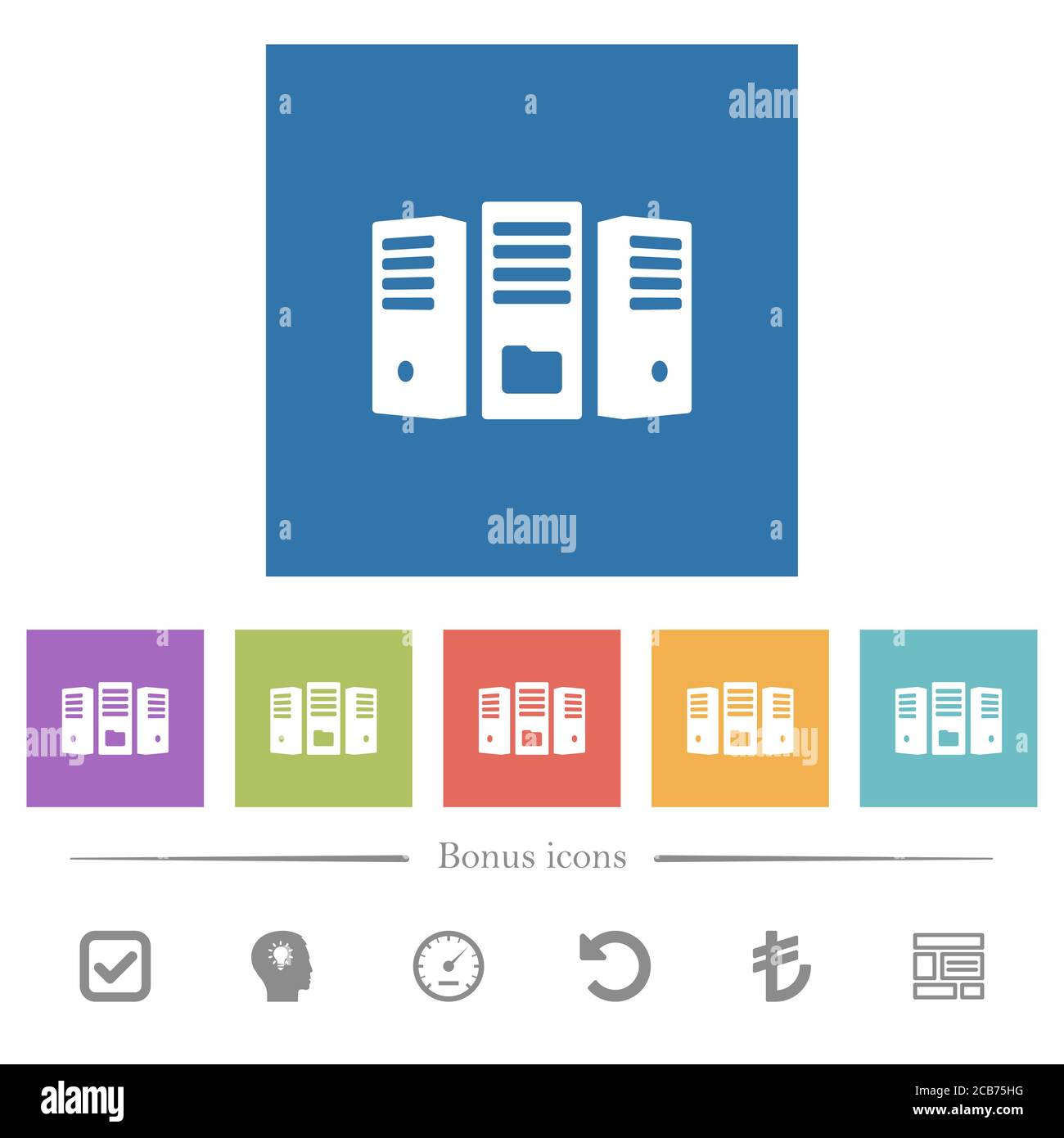 File server flat white icons in square backgrounds. 6 bonus icons ...