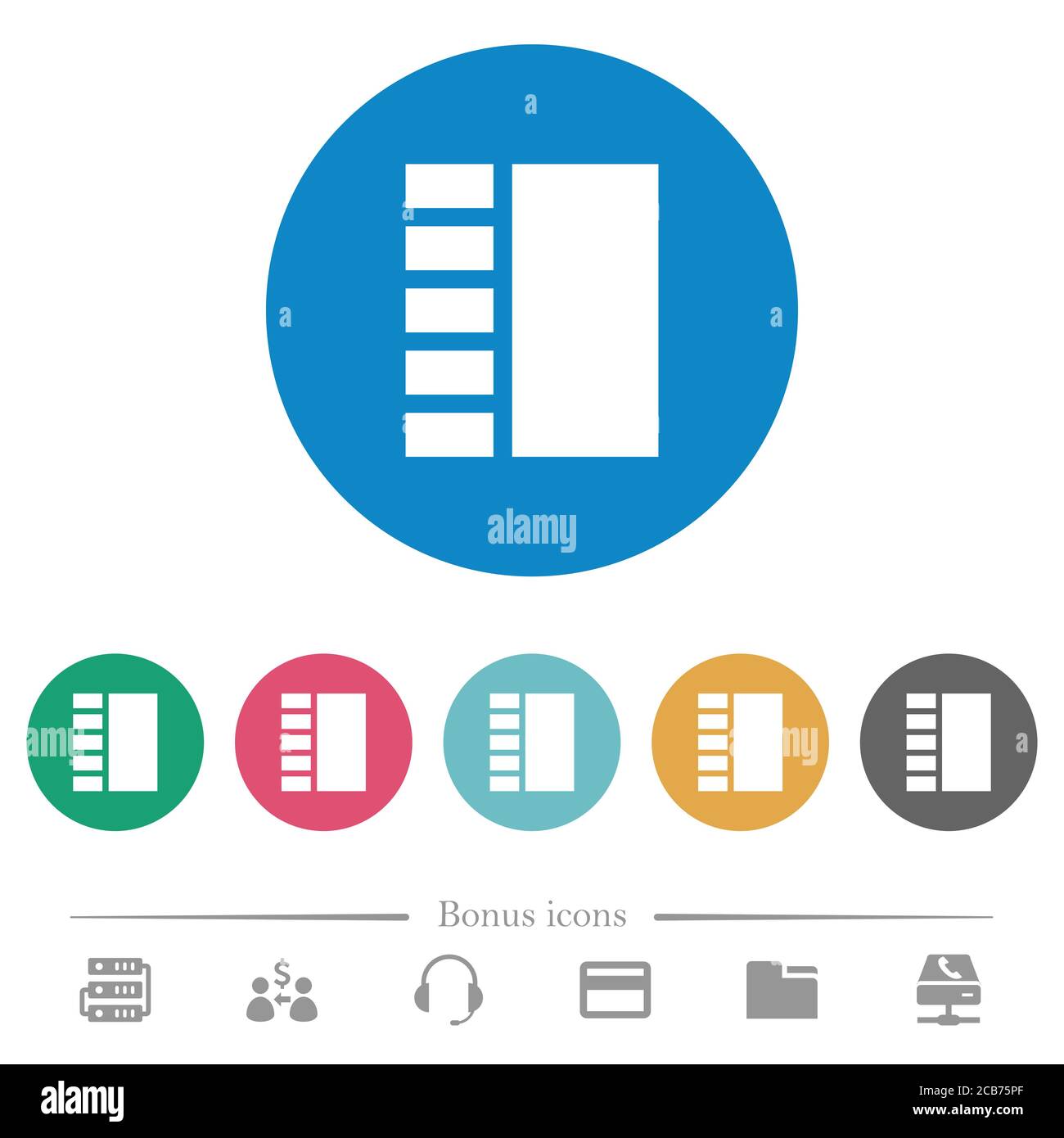 Vertical tabbed layout flat white icons on round color backgrounds. 6 ...