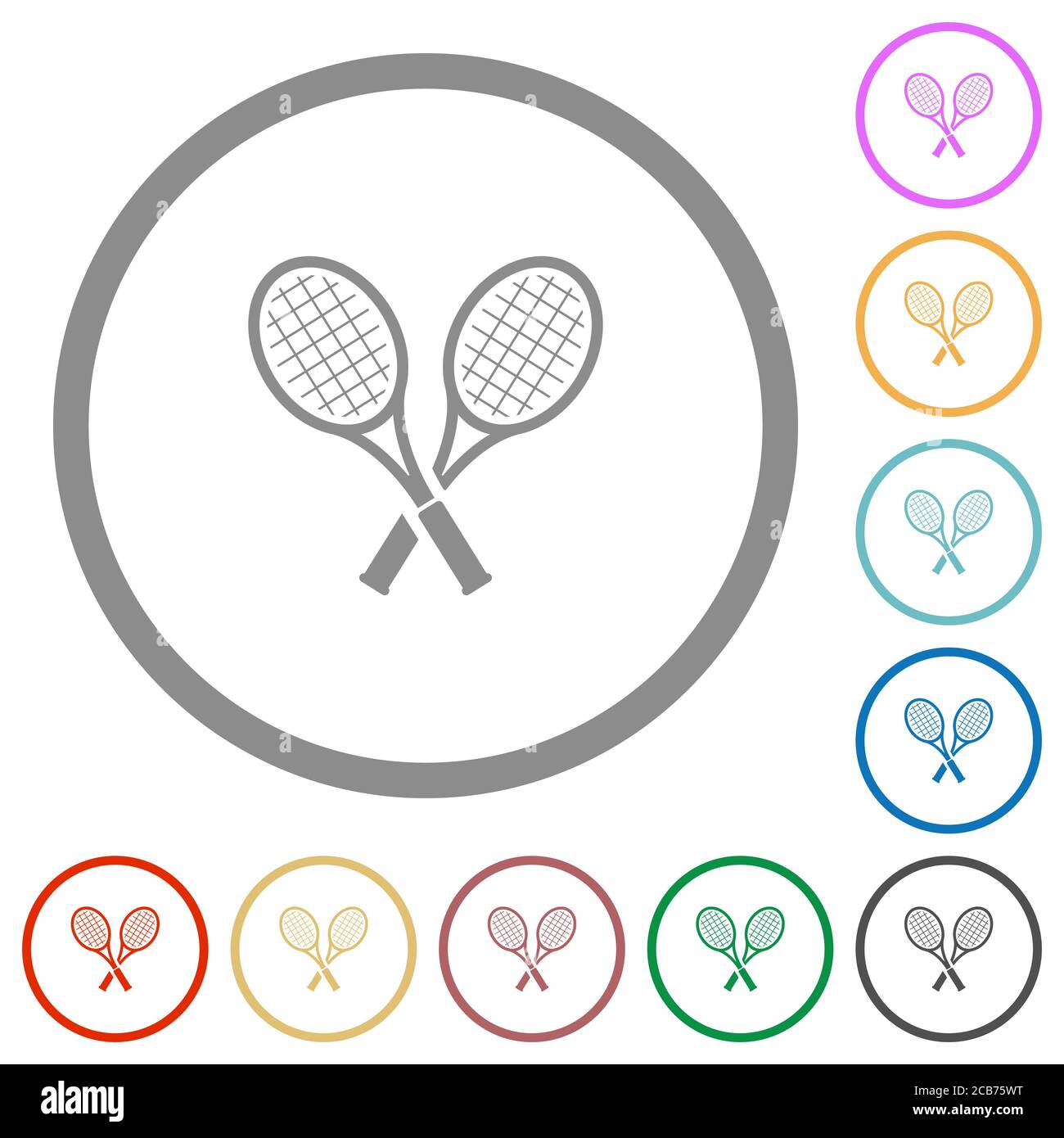 Two tennis rackets flat color icons in round outlines on white ...