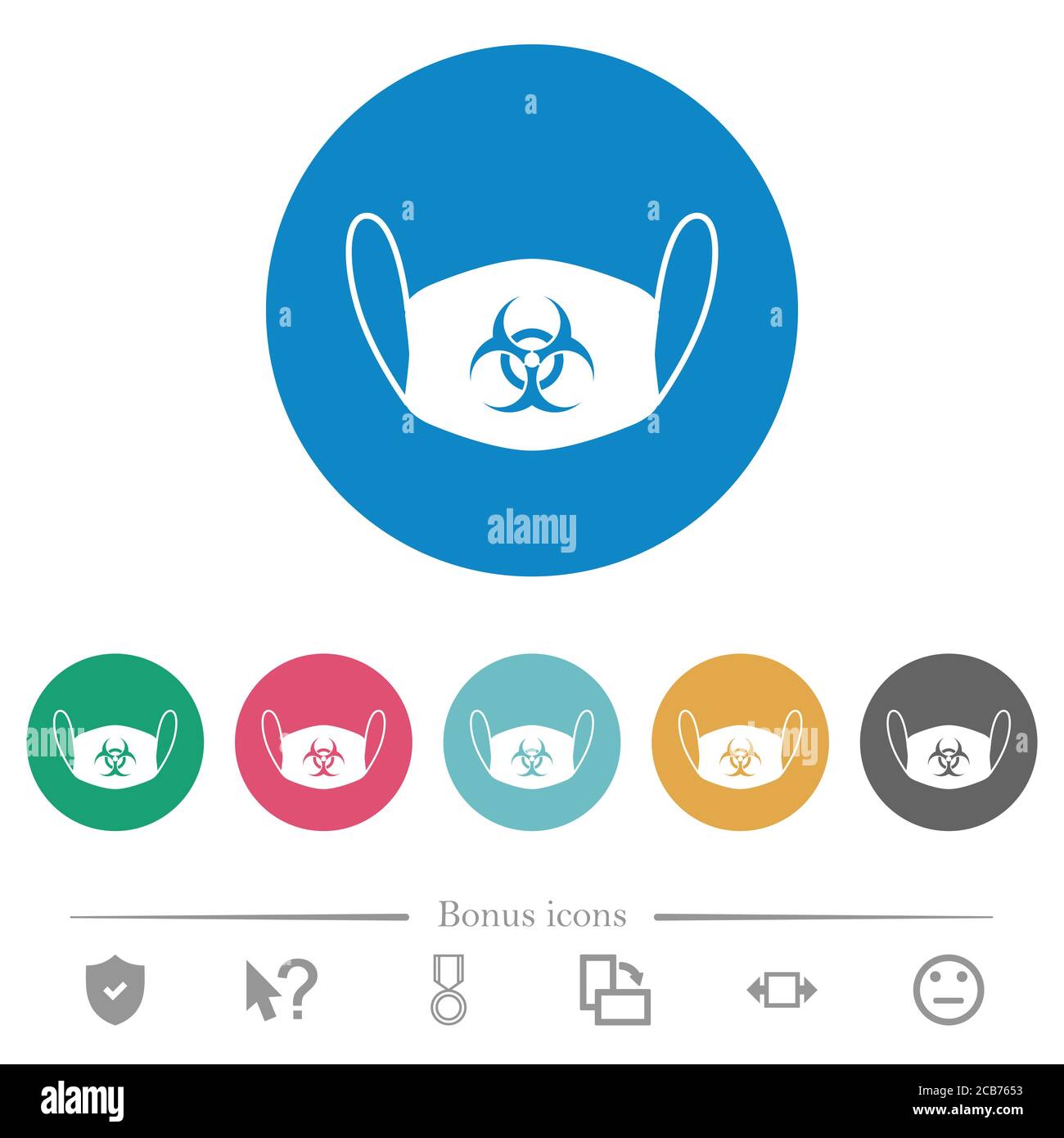 Face mask with biohazard symbol flat white icons on round color ...