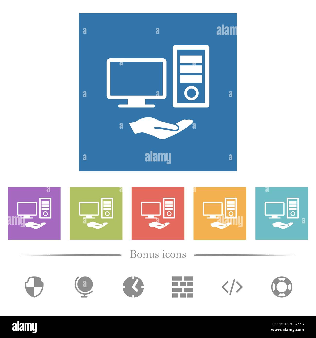 Shared computer flat white icons in square backgrounds. 6 bonus icons ...