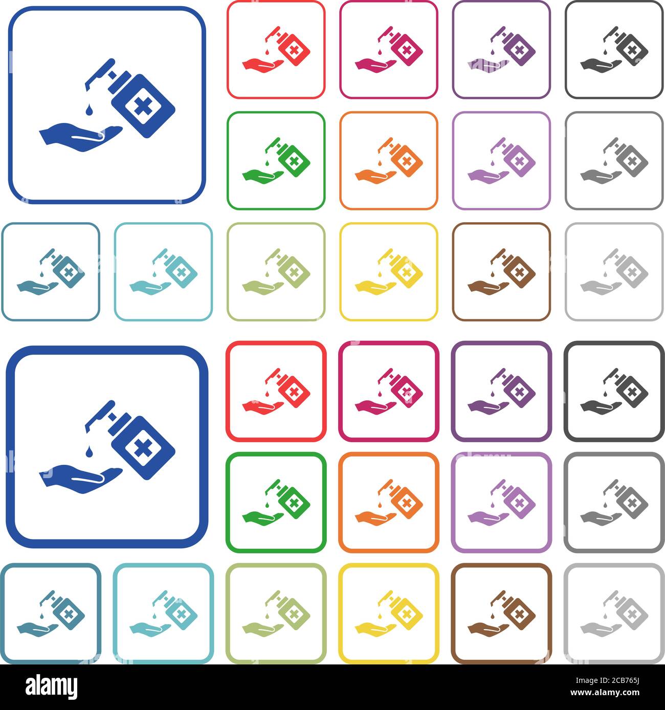 Hand washing with hand sanitizer color flat icons in rounded square ...