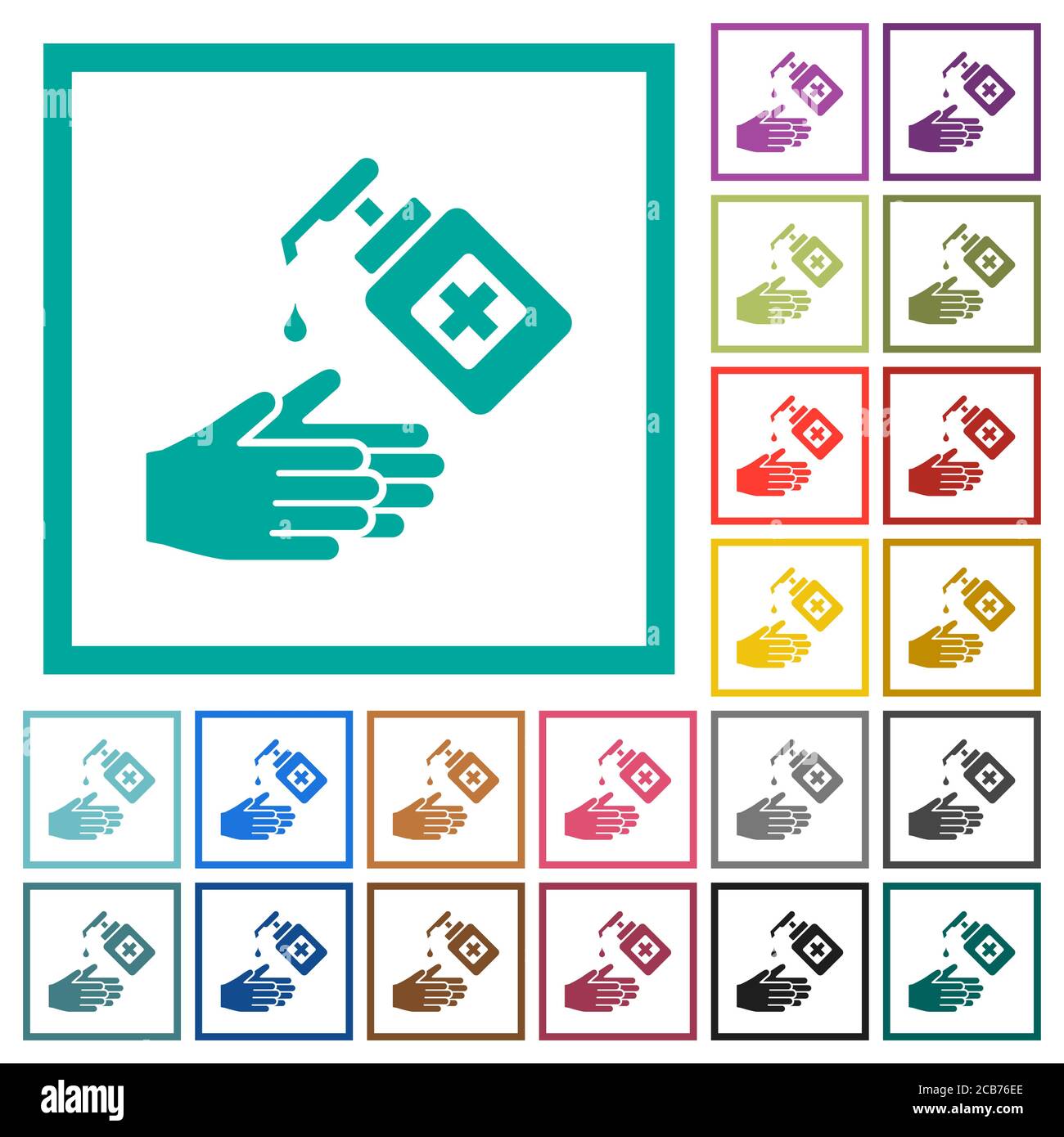 Hand washing with hand sanitizer flat color icons with quadrant frames ...