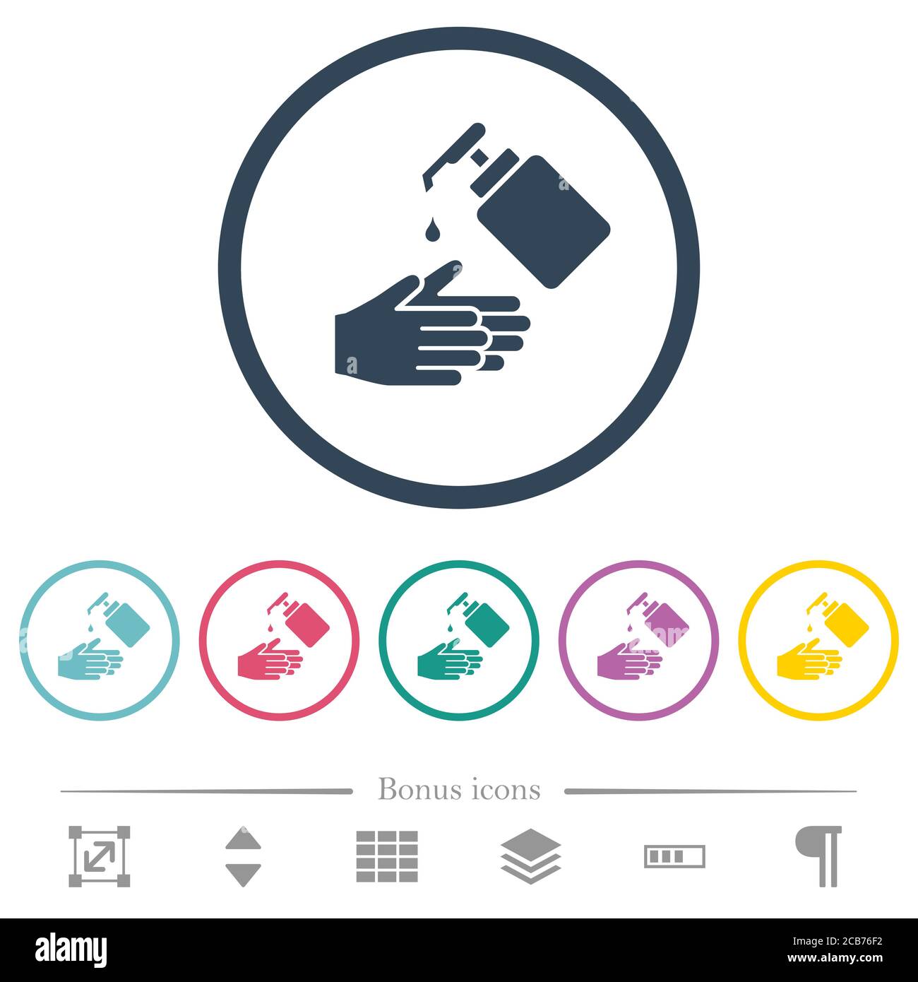 Hand washing with liquid soap flat color icons in round outlines. 6 ...