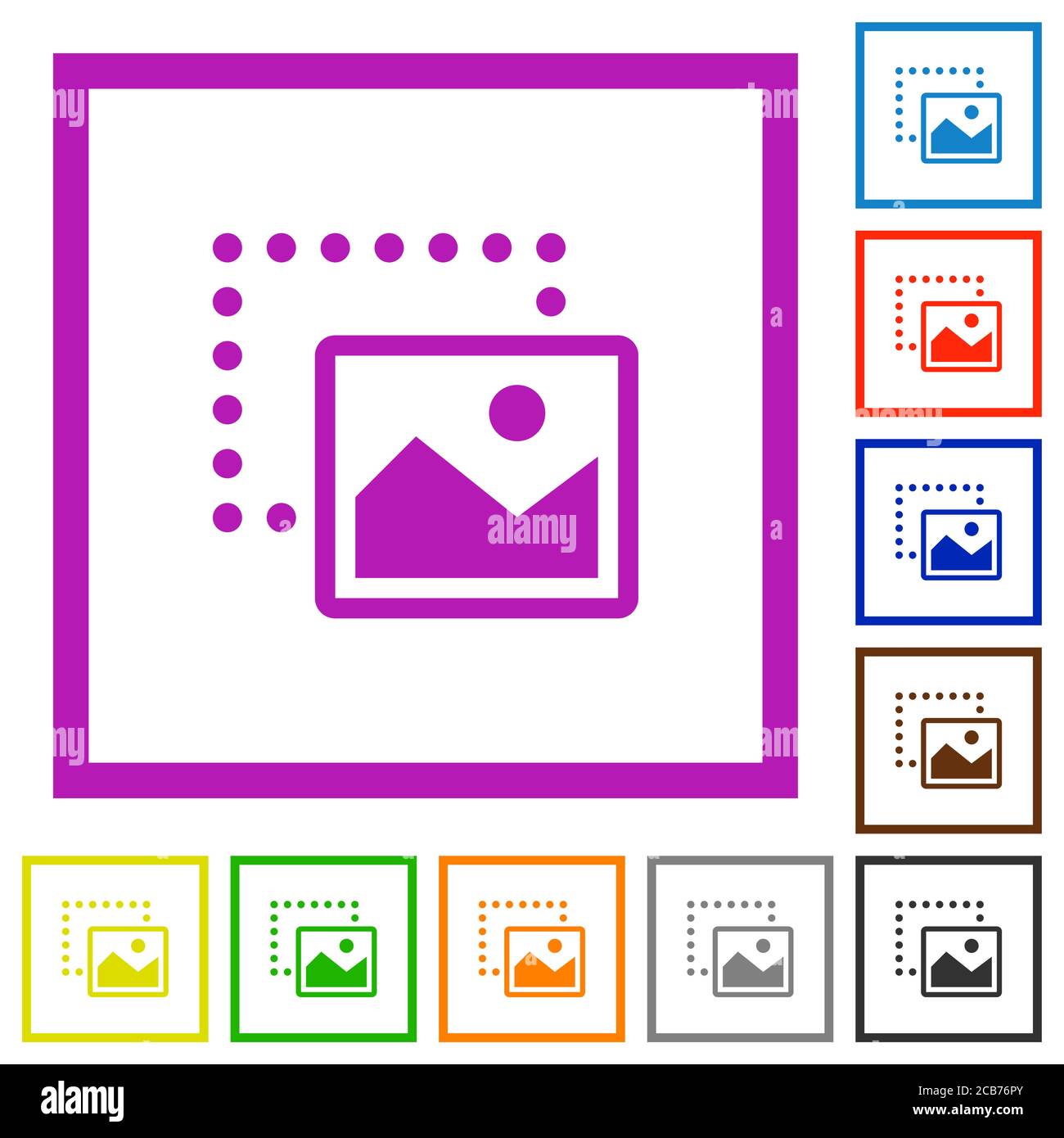 Drag image to bottom right flat color icons in square frames on white ...