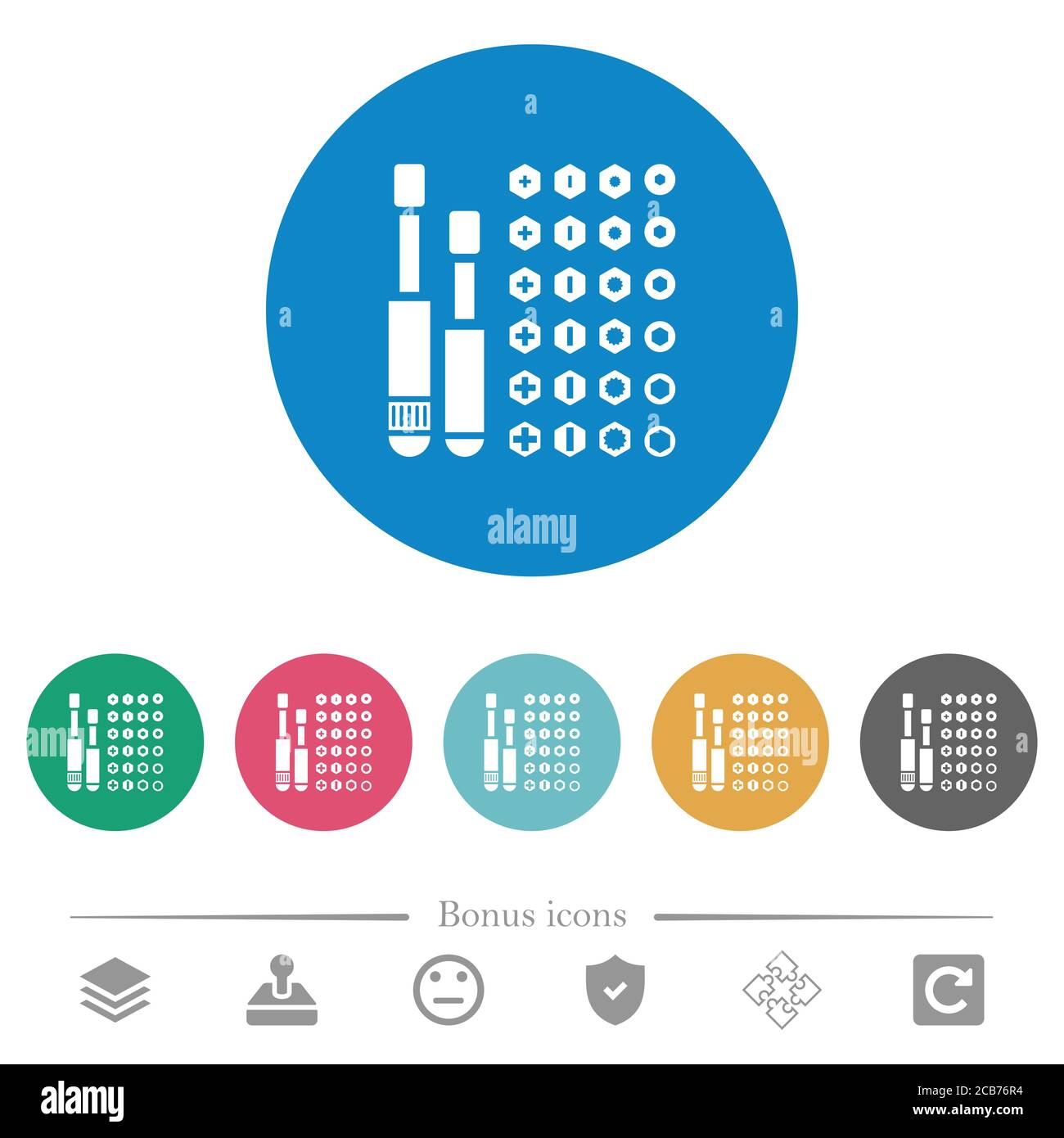 Set of screwdriver bits flat white icons on round color backgrounds. 6 ...