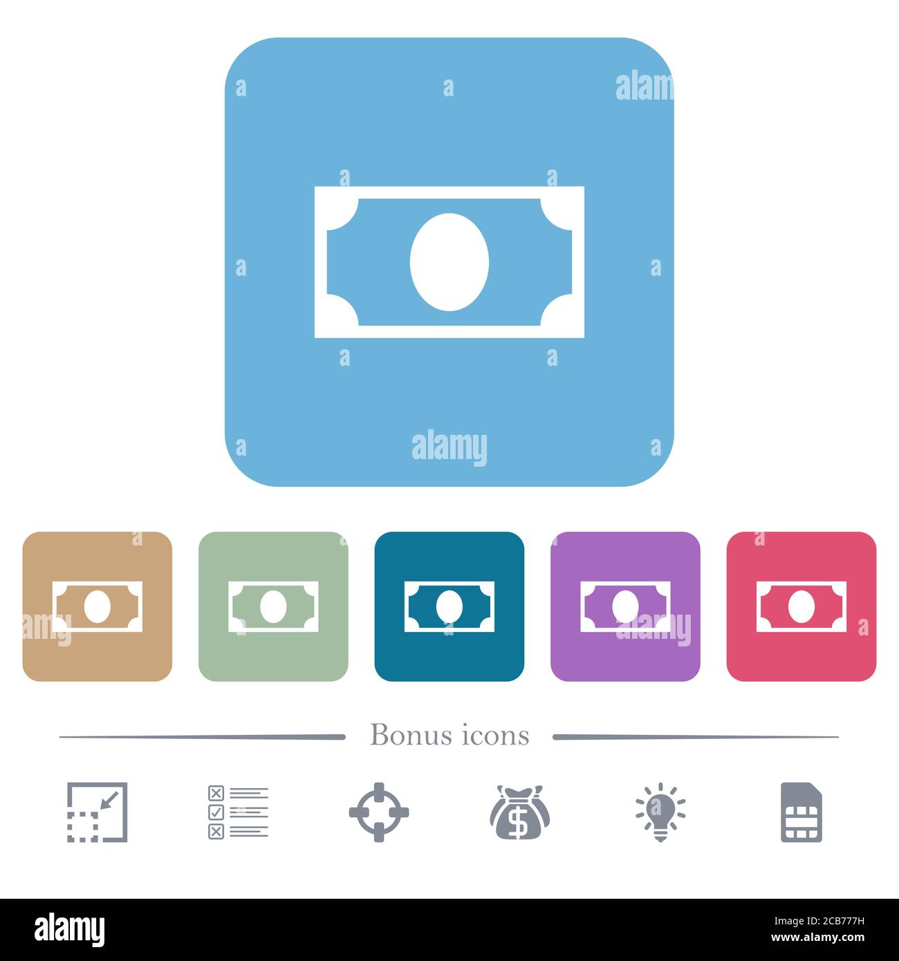 Single banknote white flat icons on color rounded square backgrounds. 6 ...