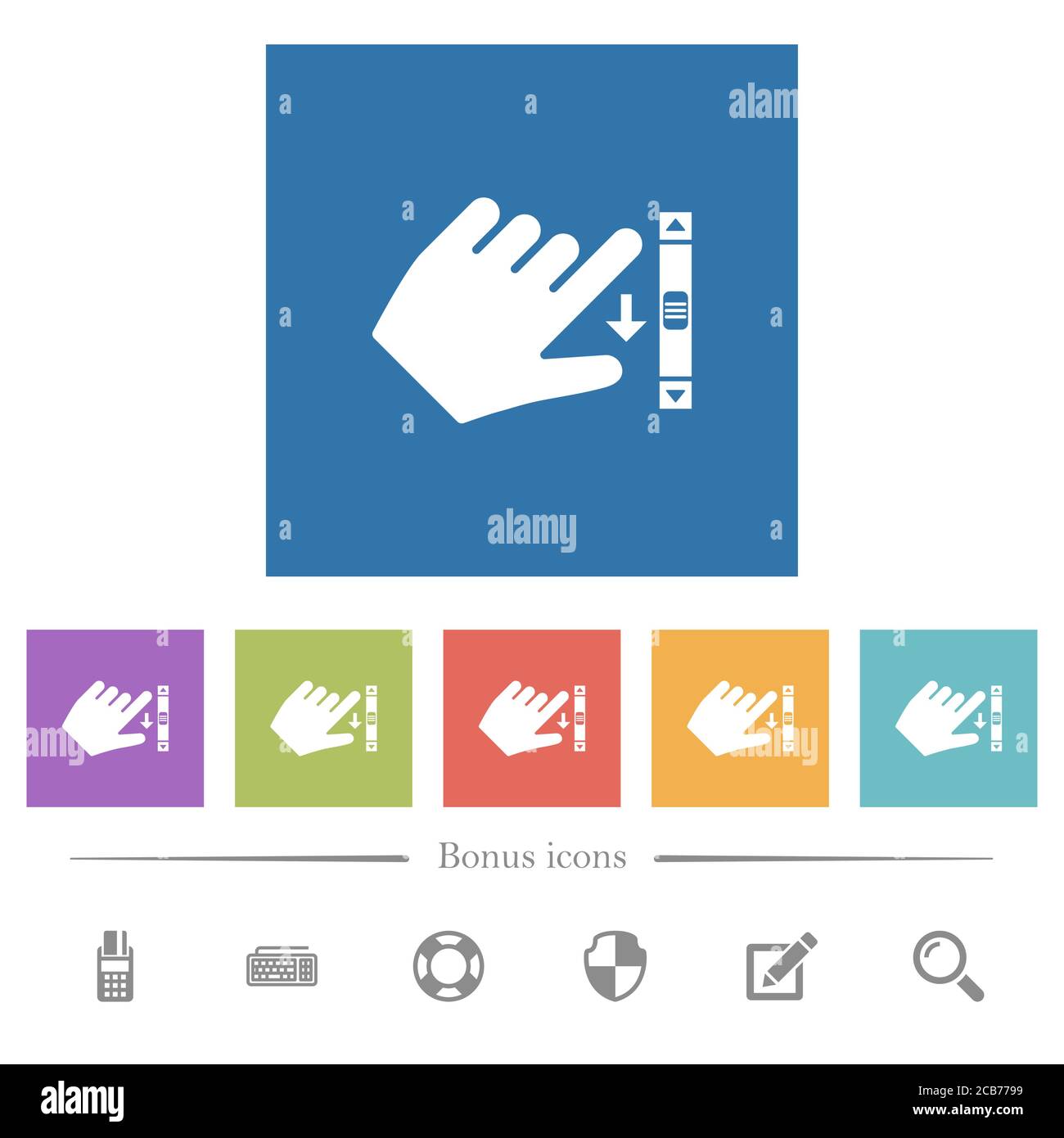 Left handed scroll down gesture flat white icons in square backgrounds ...